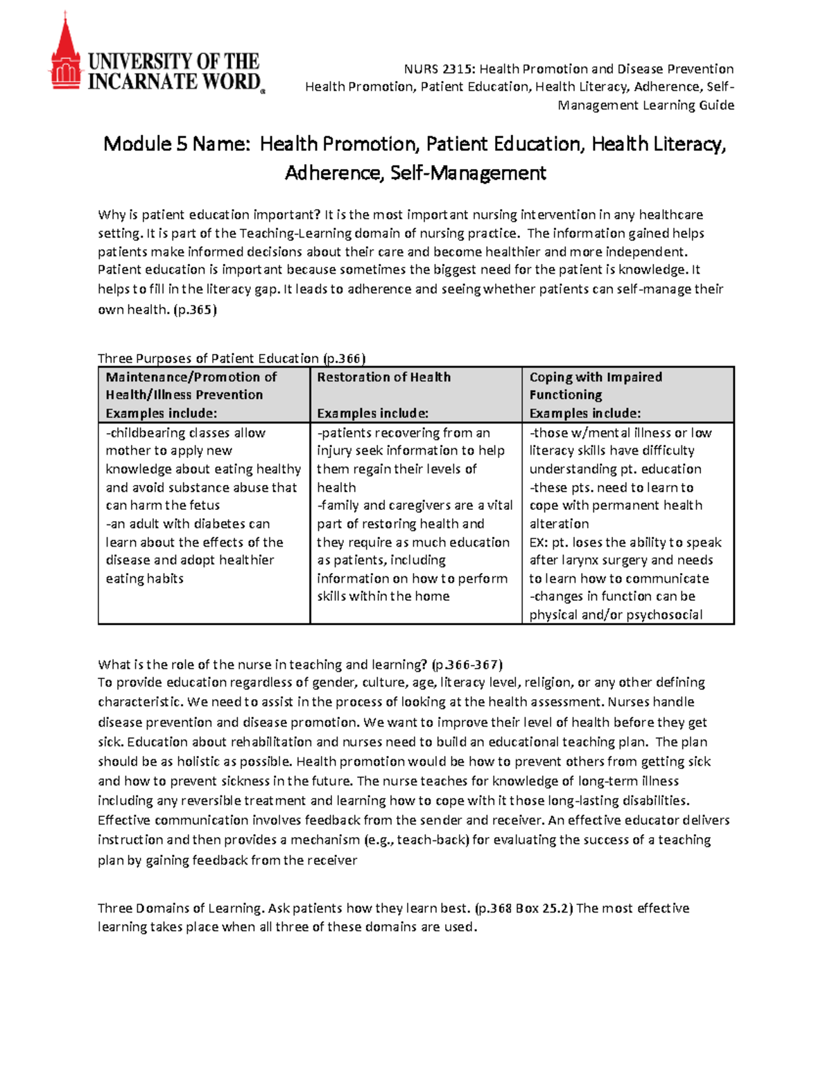 Module 5 Learning Guide - Health Promotion, Patient Education, Health ...