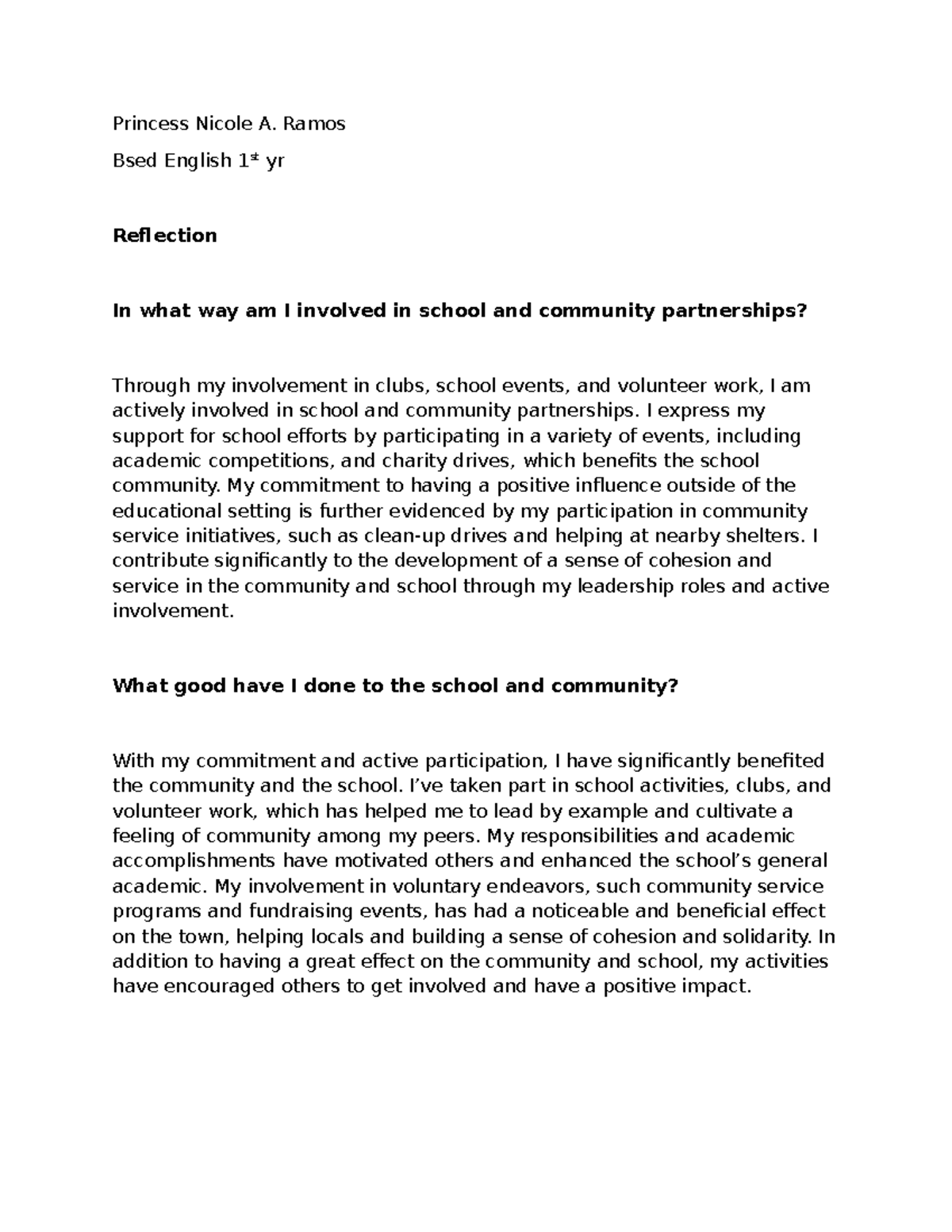 Ma'am villamiel reflection - Princess Nicole A. Ramos Bsed English 1st ...