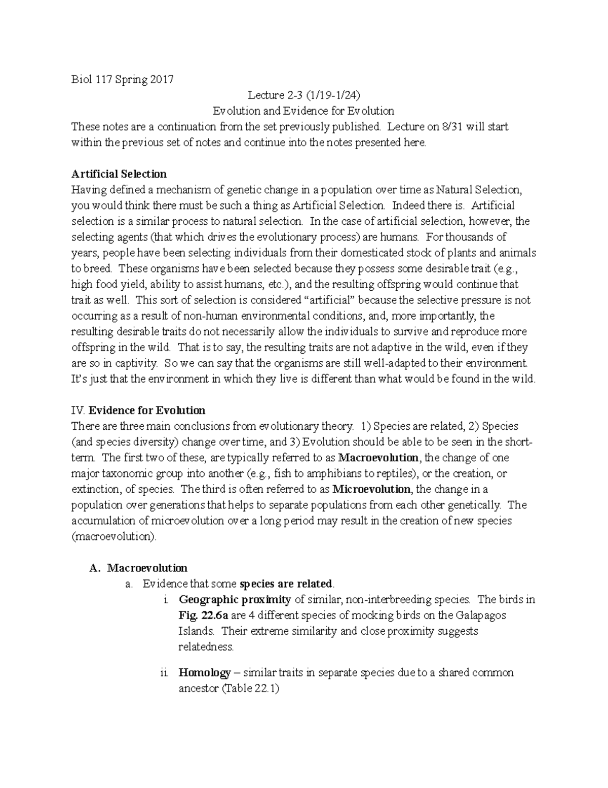 Lecture 2 3 Evolution And Evidence For Evolution Biol 117 Spring 2017