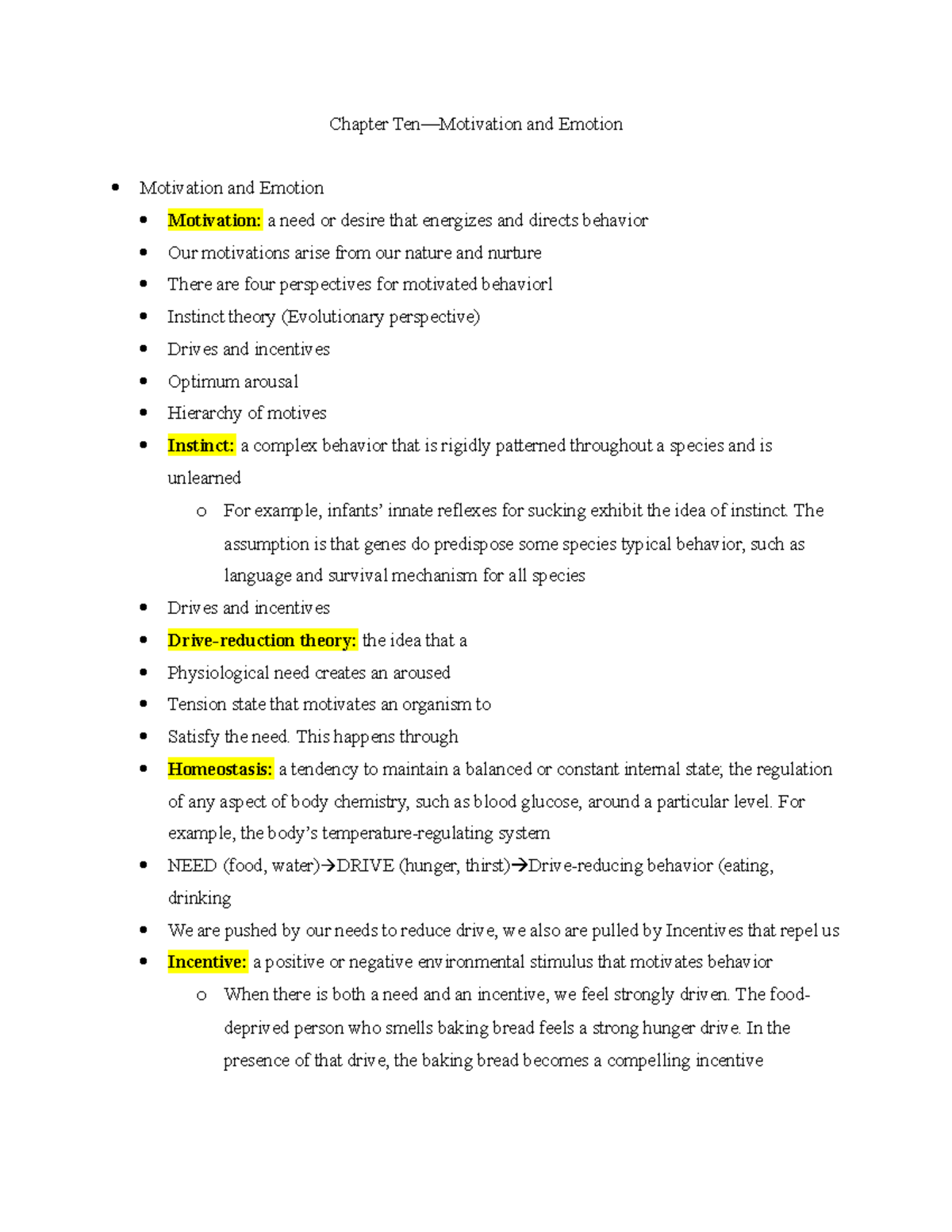 Chapter 10 Lecture Notes - Chapter Ten—Motivation and Emotion ...