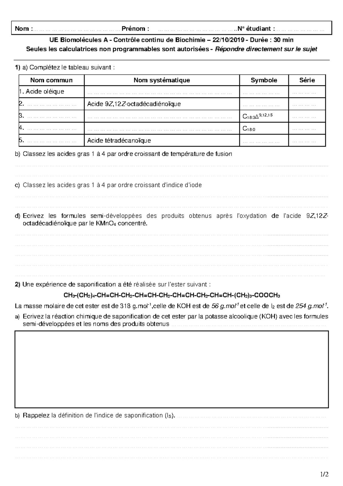 CC2 automne 2019 - exemple de sujet - 1/ Nom : .......................................... Prénom ...