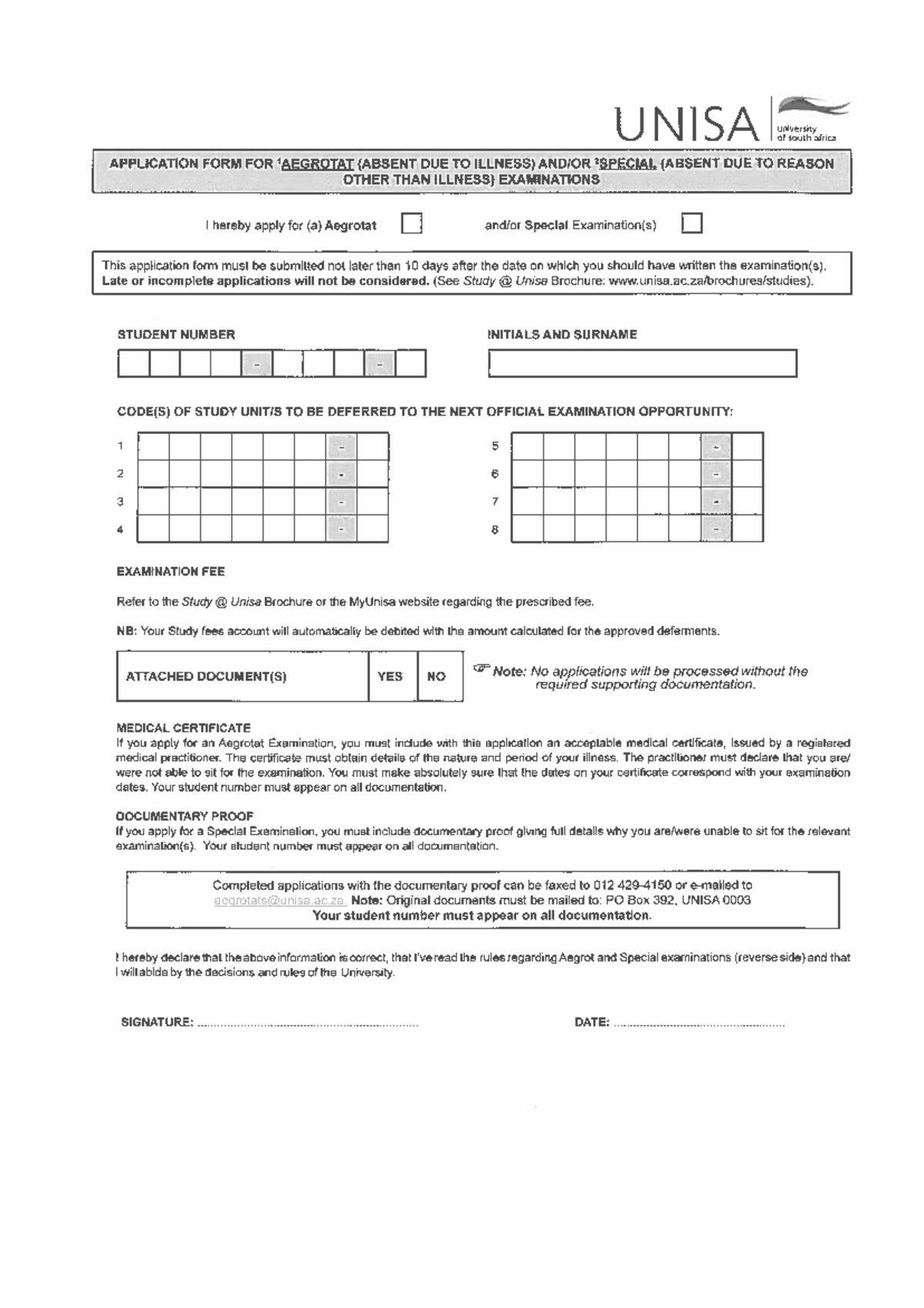 Aegrotat special exam application form - COM2604 - Unisa - Studocu