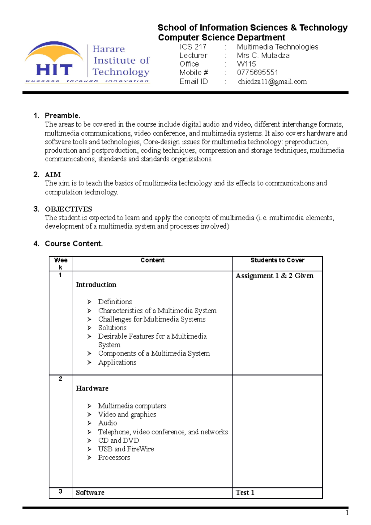ICS 217 Multimedia Course Outline 2019 - School of Information Sciences ...