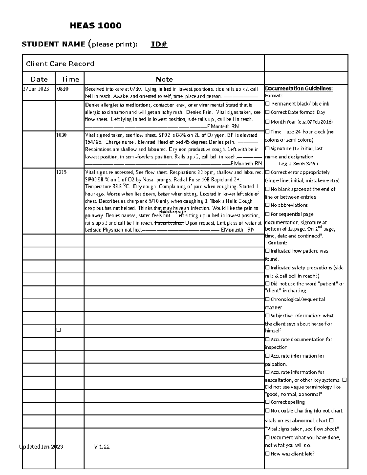 Client Care Record with Guidelines Jan 2023 - HEAS 1000 STUDENT NAME ...