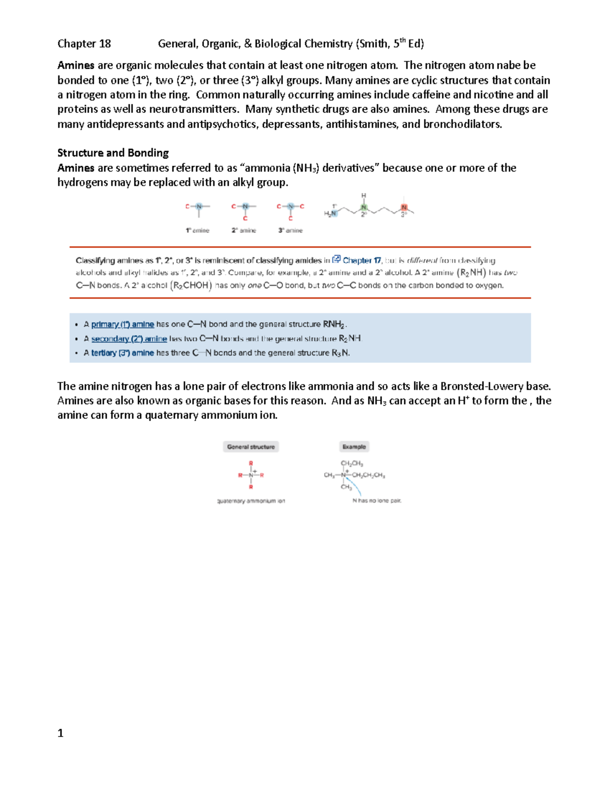 Smith notes Chapter 18 - Martha - Amines are organic molecules that ...