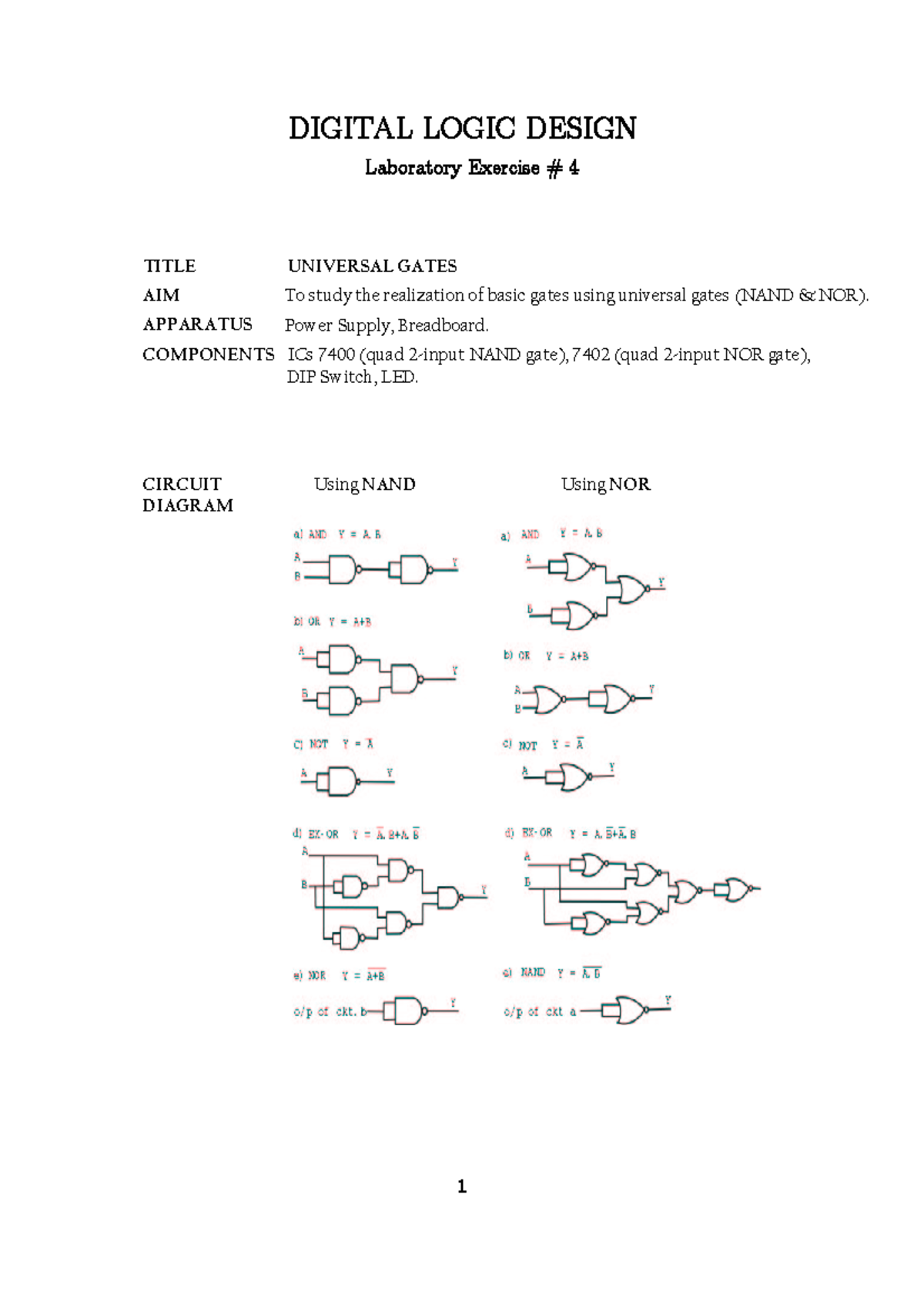 Lab # 4 - Universal gates - DIGITAL LOGIC DESIGN Laboratory Exercise ...