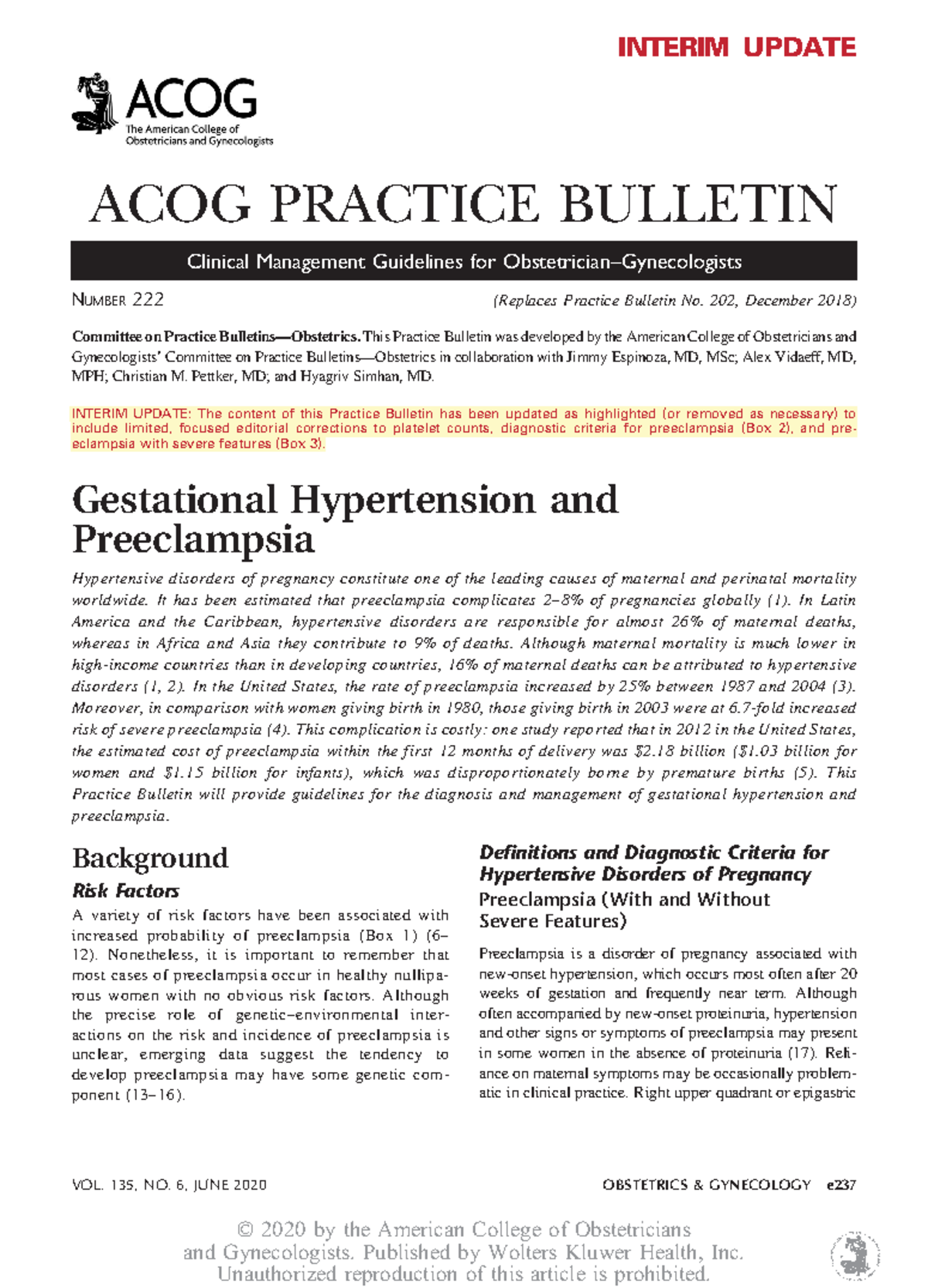 Gestational Hypertension and Preeclampsia ACOG Practice Bulletin ...