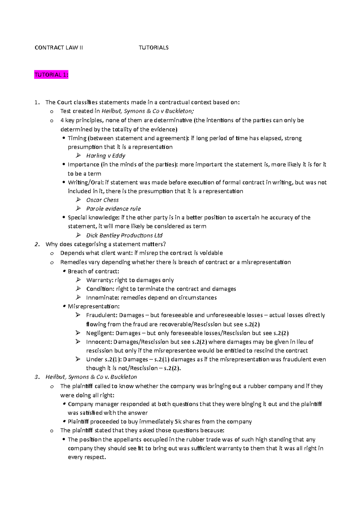 Contract LAW II Tutorials (2.0) - London - Studocu