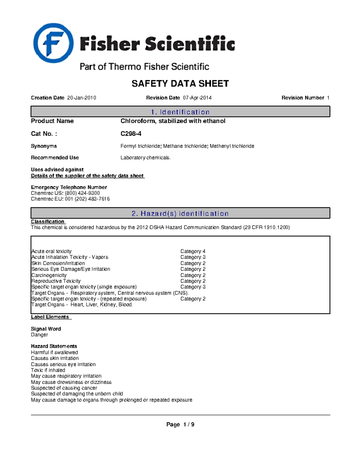 Chloroform sds - chem 112 practice - SAFETY DATA SHEET 1. I d e n t i f ...