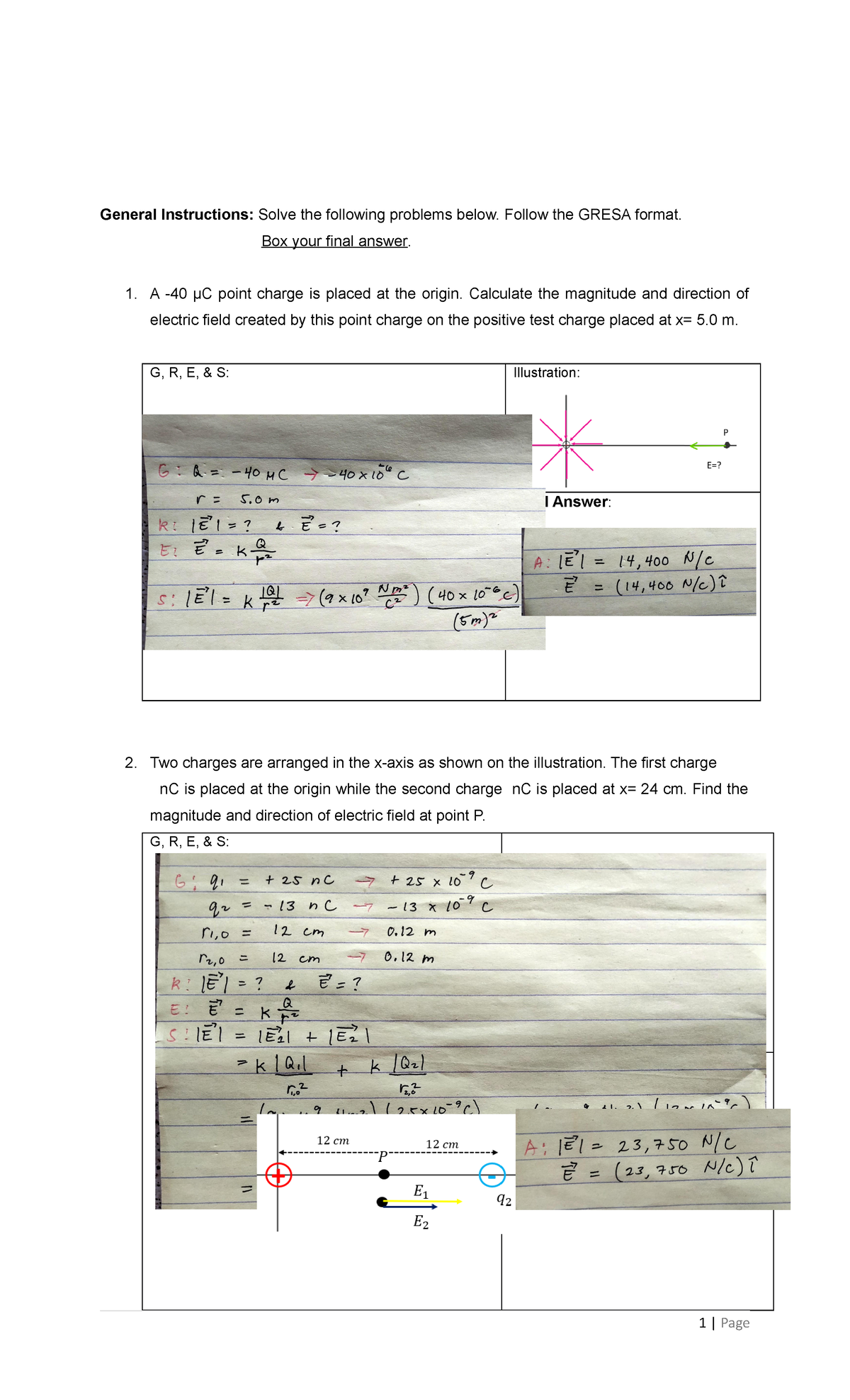 Electric Field - General Instructions: Solve the following problems ...