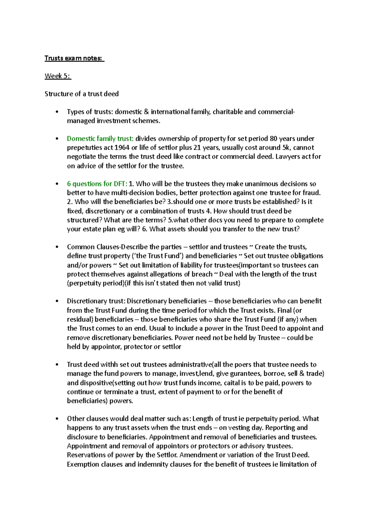 Exam cheat sheet notes - Trusts exam notes: Week 5: Structure of a ...