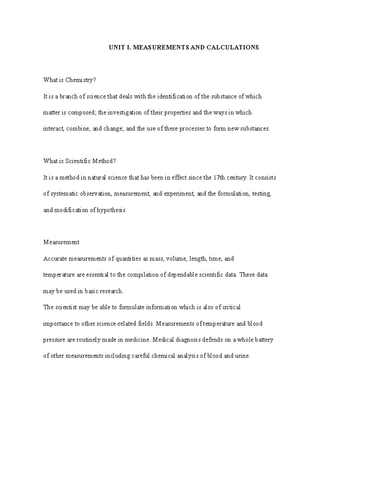 UNIT I. Measurements AND Calculations - UNIT I. MEASUREMENTS AND ...