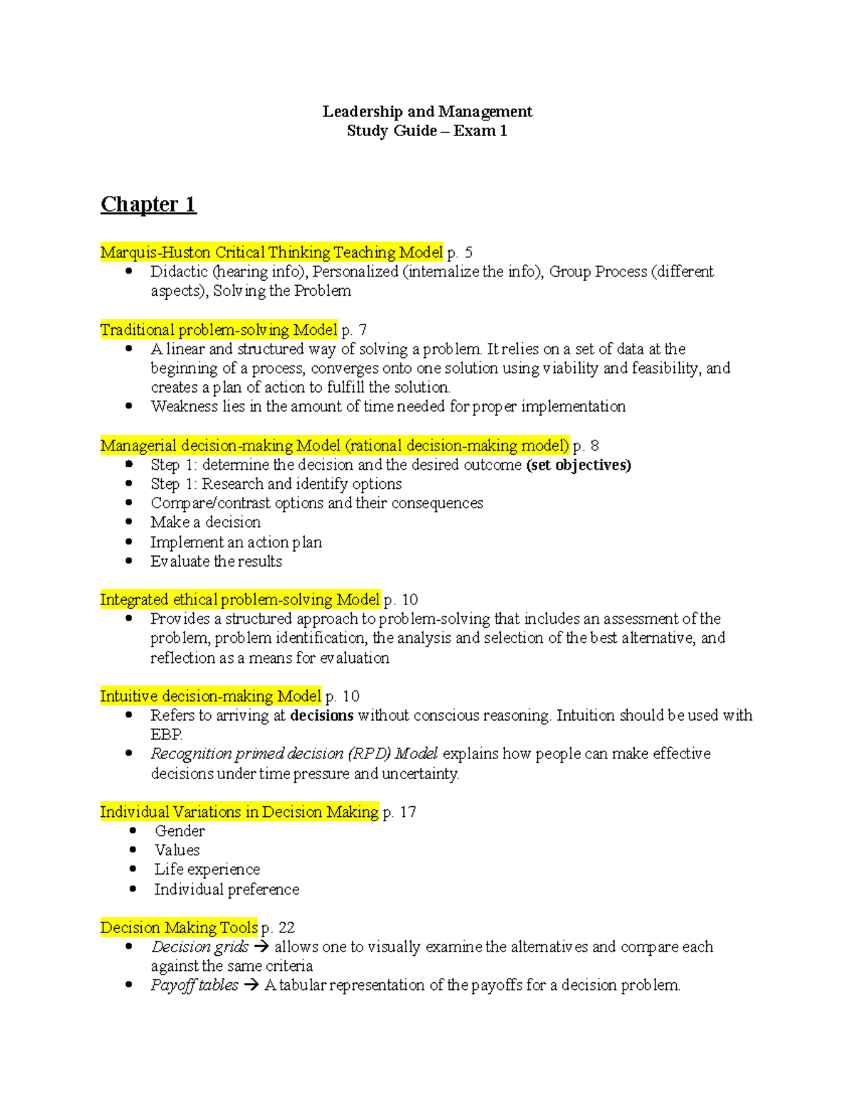 L & M Study Guide Exam 1 - Leadership and Management Study Guide – Exam ...