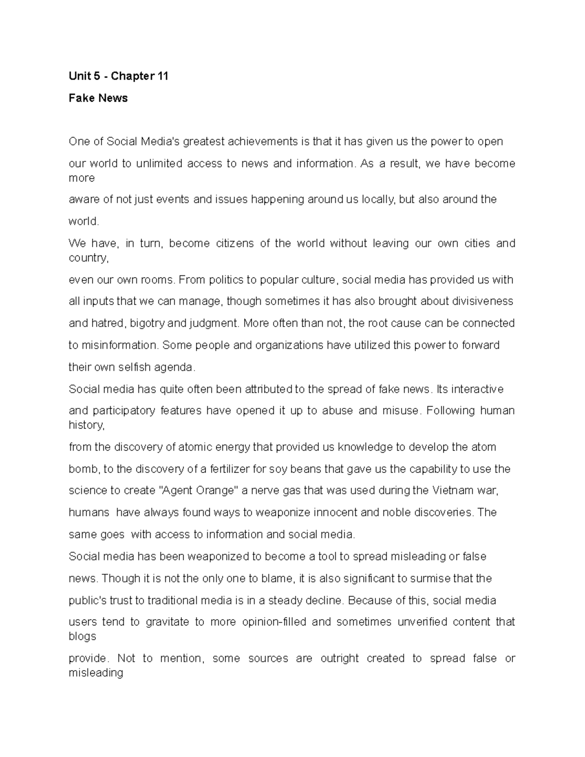 Chapter 11 Fake News - Unit 5 - Chapter 11 Fake News One of Social ...