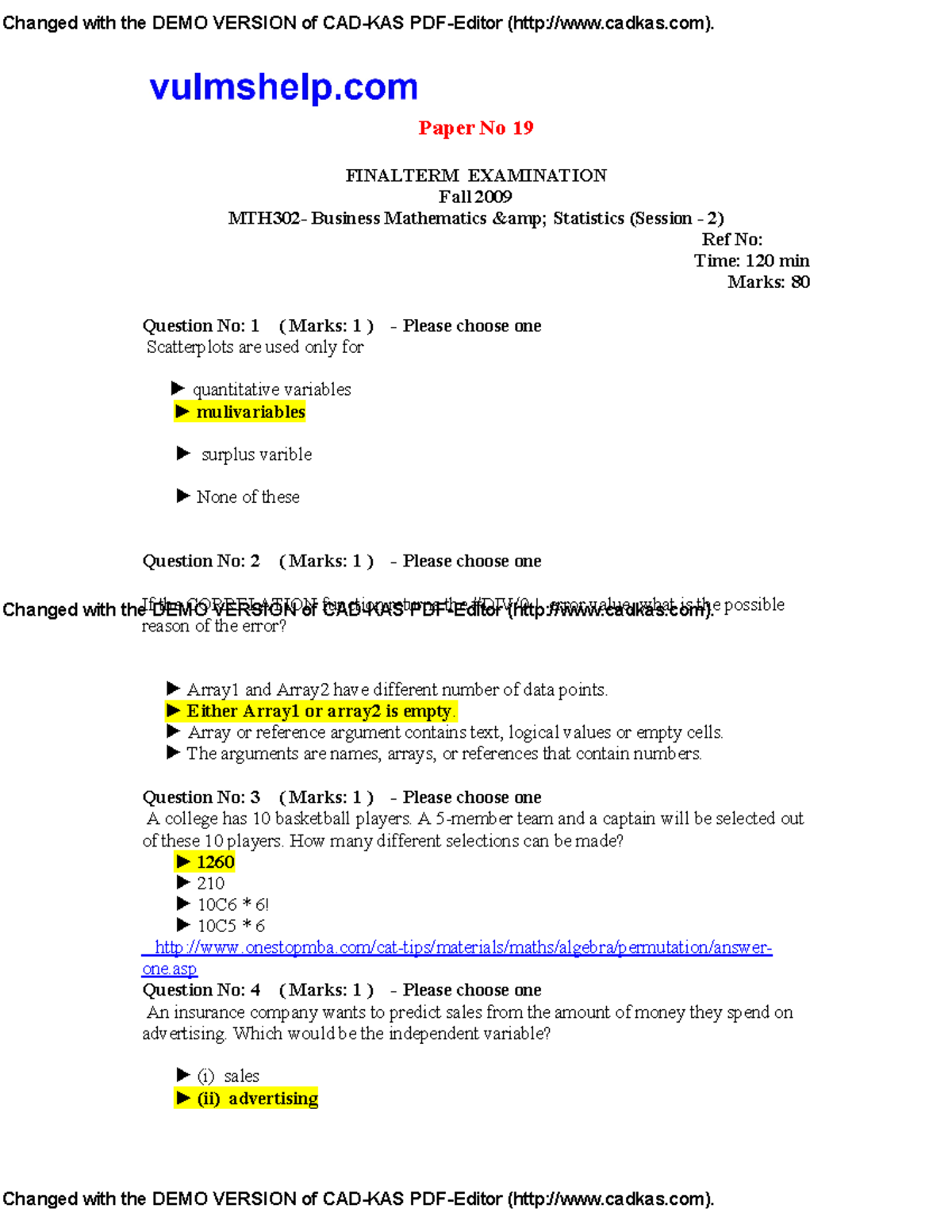 Finalterm mth302 solved shared - Paper No 19 FINALTERM EXAMINATION Fall ...