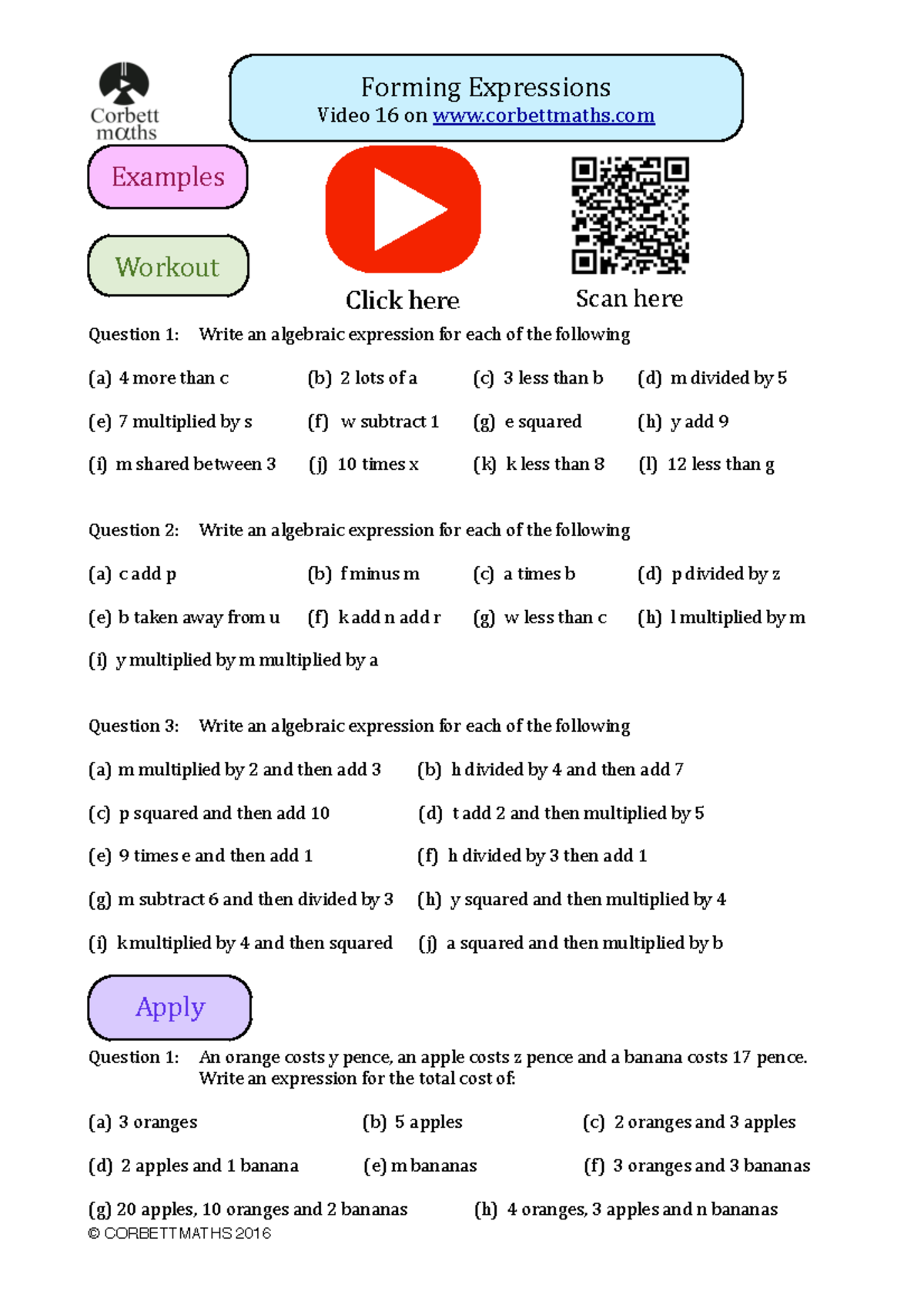 Forming-Expressions - good for algebra - ! Forming Expressions Video 16 ...