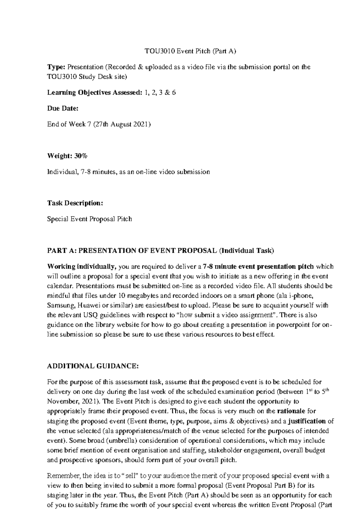 TOU30010 Event Pitch Guidelines - TOU3010 Event Pitch (Part A) Type ...