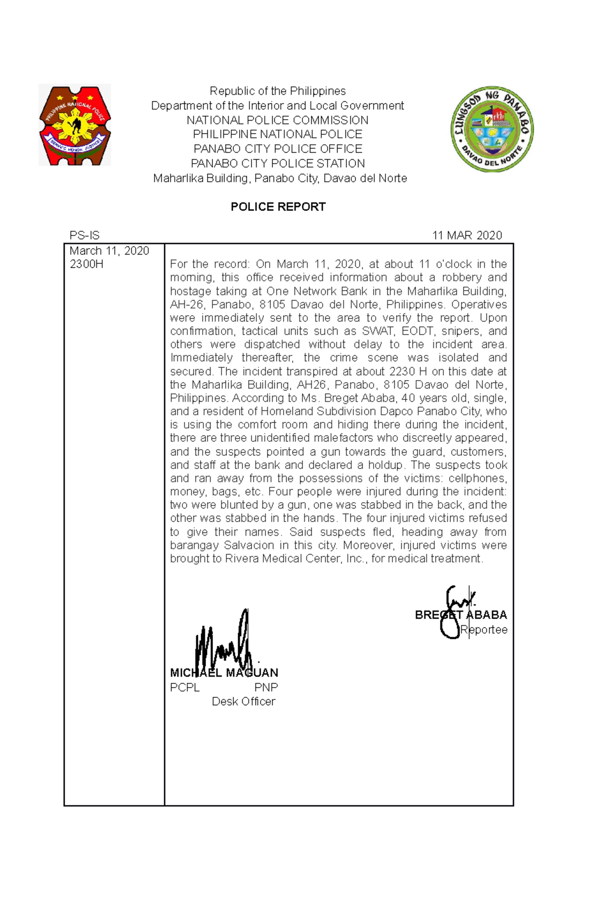 Police Report of the year - Republic of the Philippines Department of ...