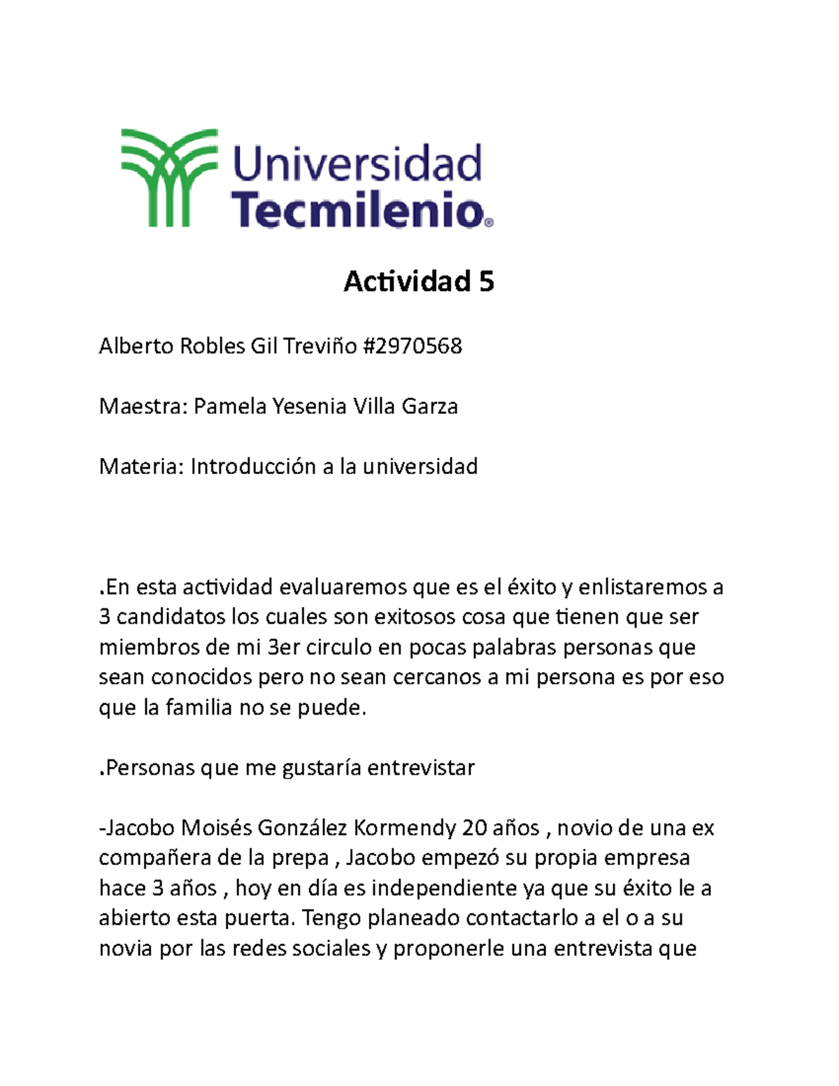 Introduccion a la Universidad actividad que es el exito Alberto ...