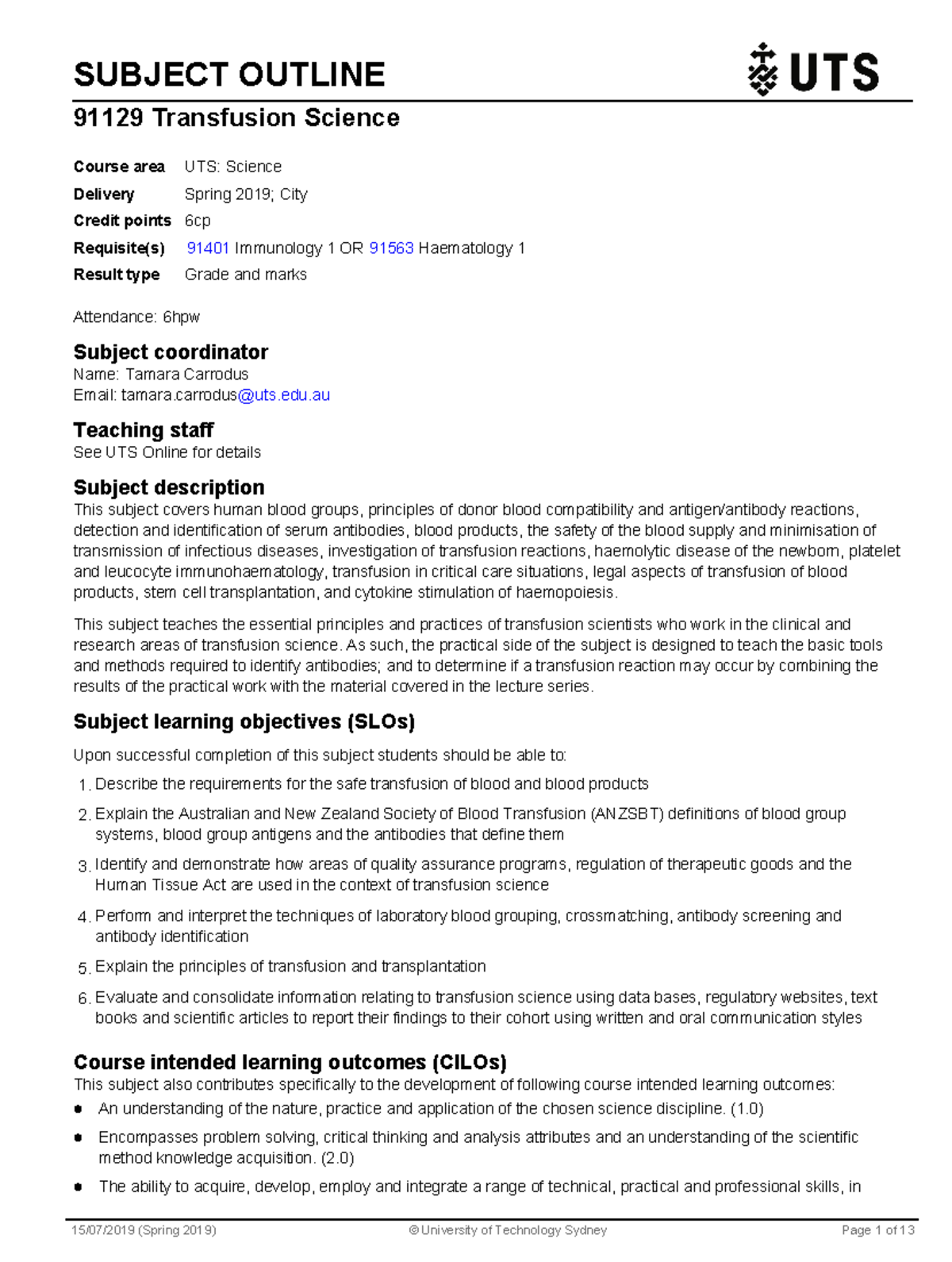 2019 Subject Outline - SUBJECT OUTLINE 91129 Transfusion Science Course ...
