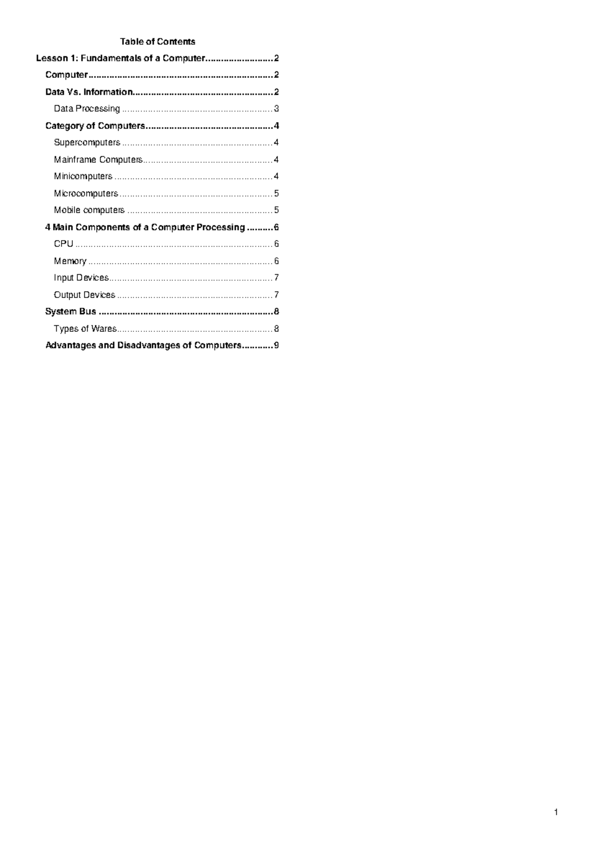 1 Fundamentals of a Computer - Table of Contents Lesson 1: Fundamentals ...