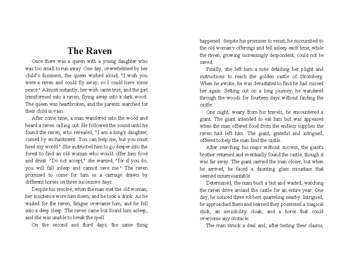 THE Raven - Summary Grimm - The Raven Once there was a queen with a ...