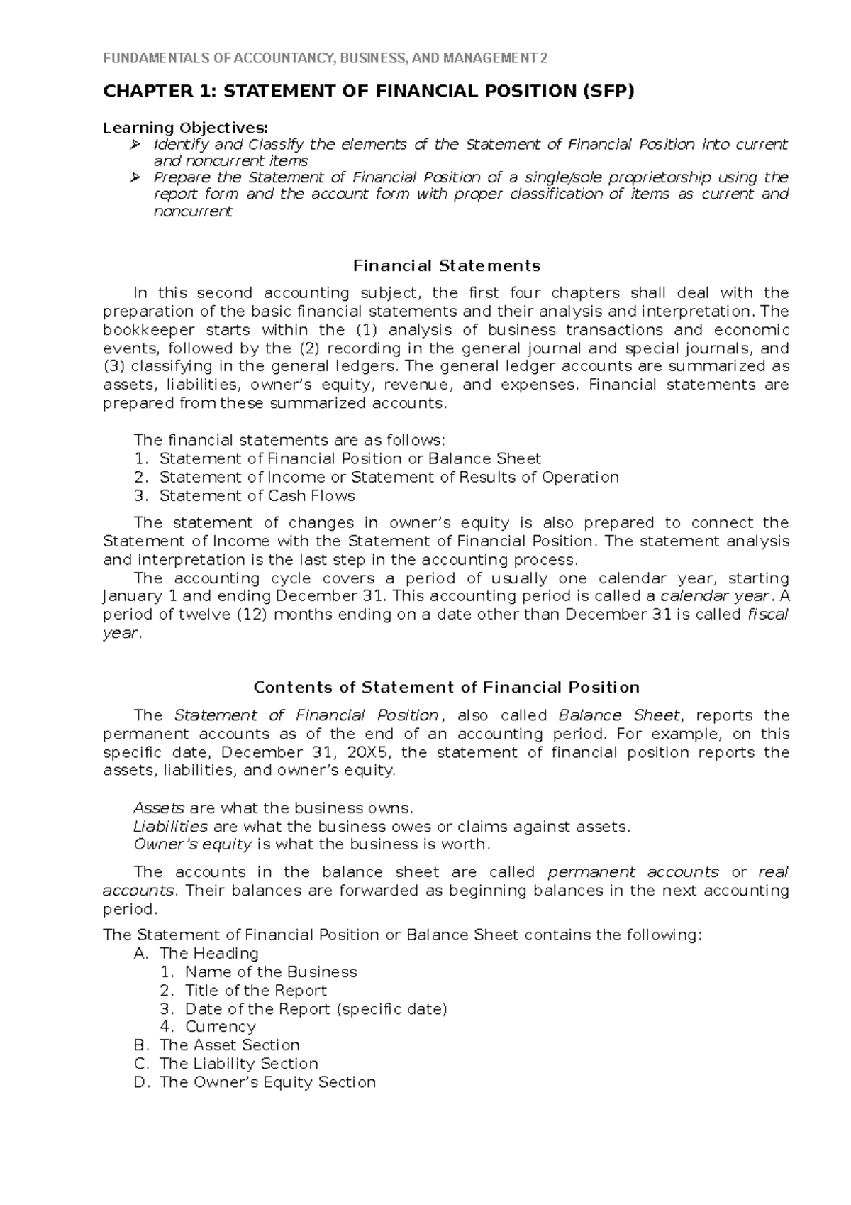 FABM2-Chapter 1 - It's good - CHAPTER 1: STATEMENT OF FINANCIAL POSITION (SFP) Learning ...