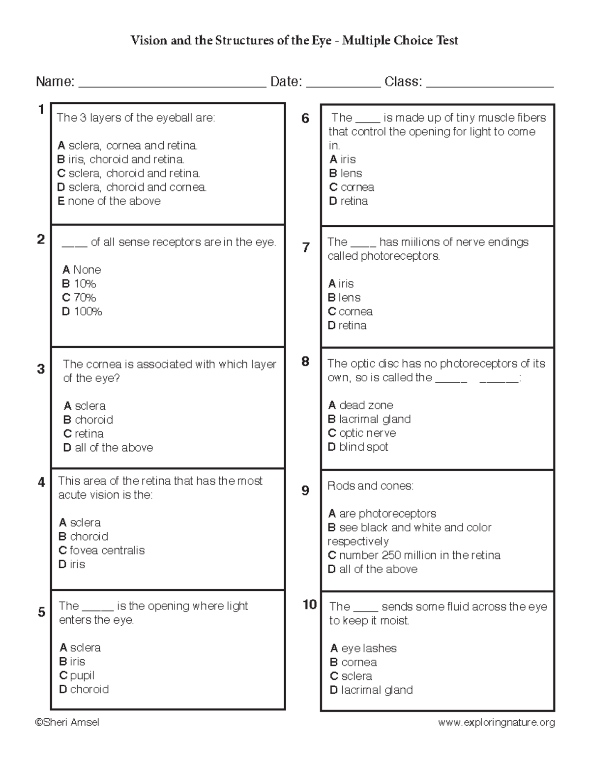 Quiz on Eye Anatomy 2 - Vision and the Structures of the Eye - Multiple ...