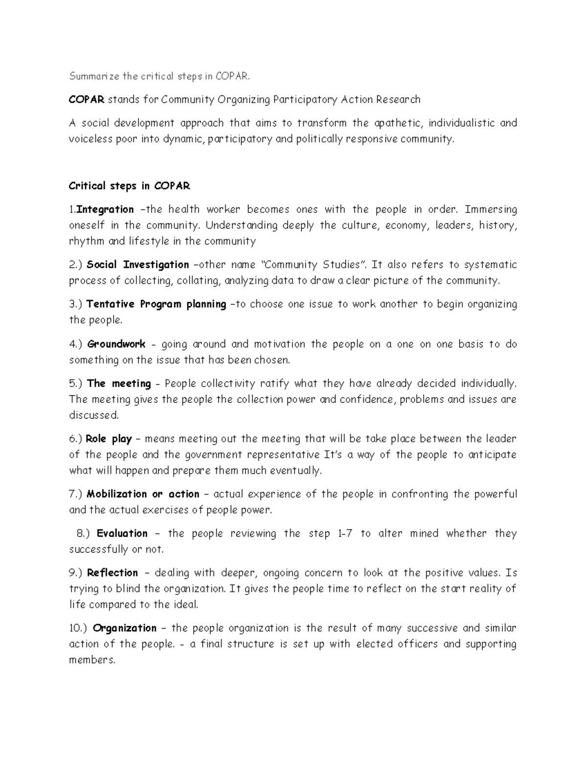 ACT.9 PHC2 - none - Summarize the critical steps in COPAR. COPAR stands ...