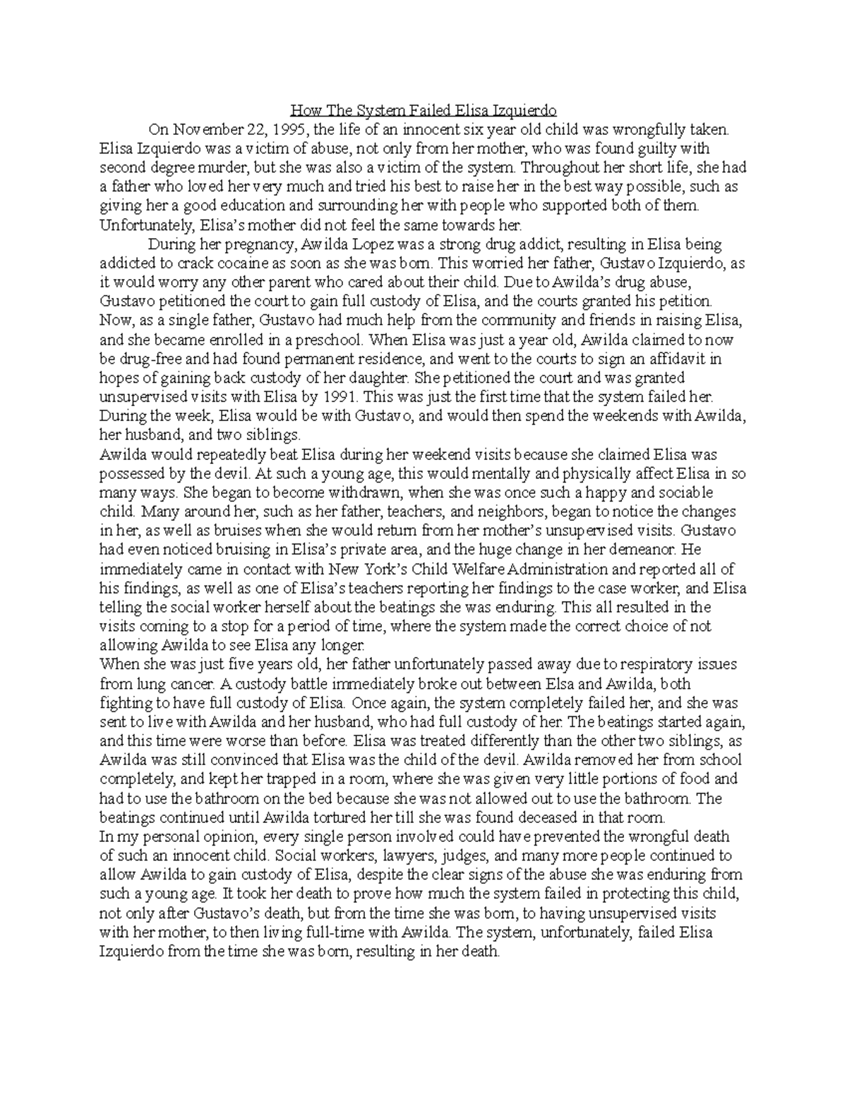 Victimology Essay - How The System Failed Elisa Izquierdo On November ...