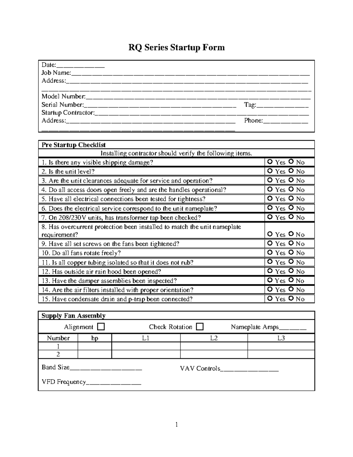 Formato de mantenmiento - RQ Series Startup Form Date:______________ Job - Studocu