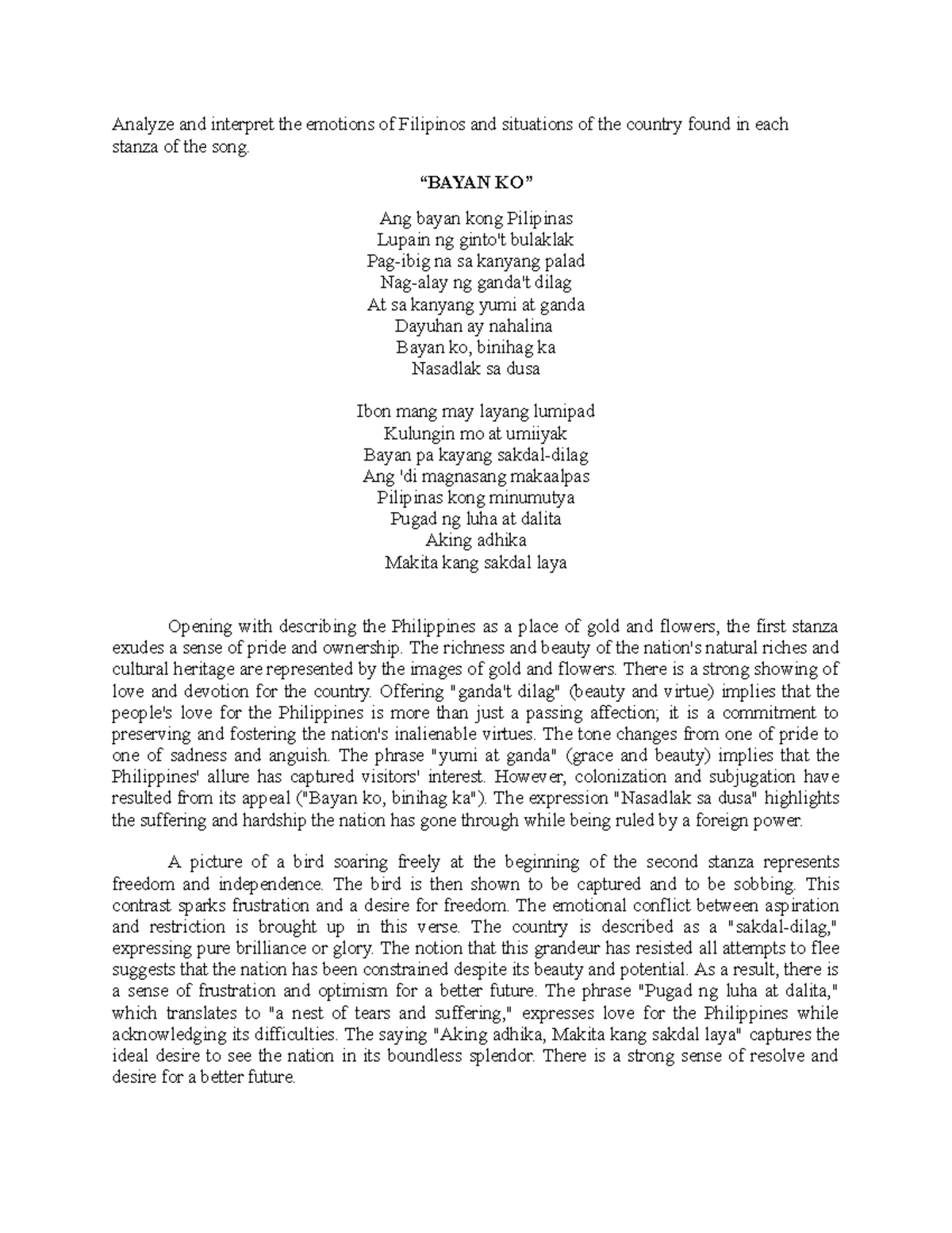 Bayan Ko - NOTES NOTESNOTESNOTESNOTESNOTES - Analyze and interpret the ...