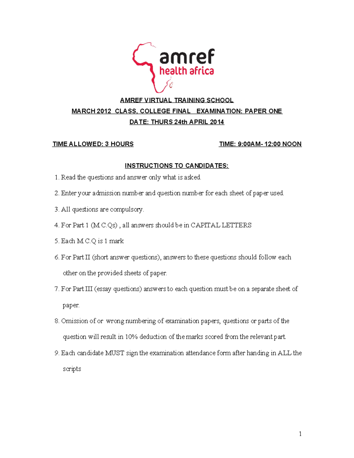 College Final Paper 1-6 - AMREF VIRTUAL TRAINING SCHOOL MARCH 2012 ...