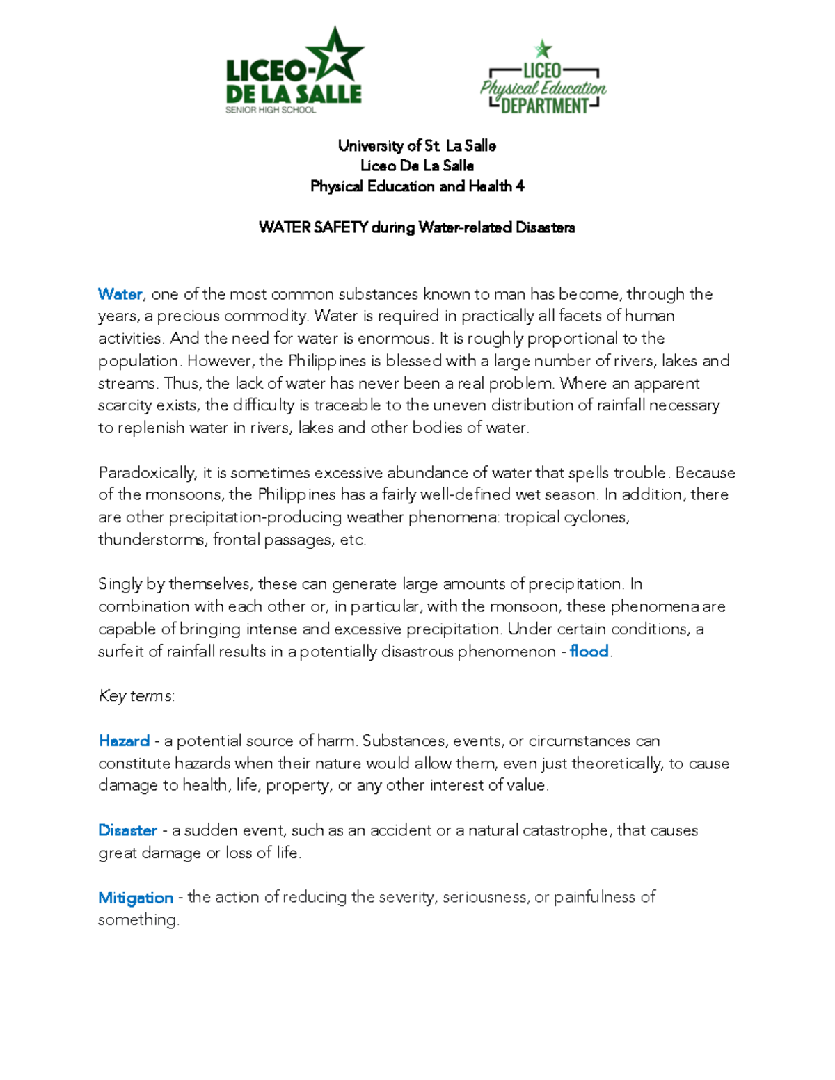 PEH4-Water-Safety- lecture notes - University of St. La Salle Liceo De ...