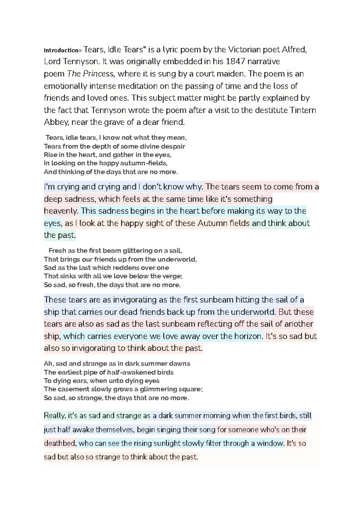 Tear idle tear - Introduction= Tears, Idle Tears" is a lyric poem by ...