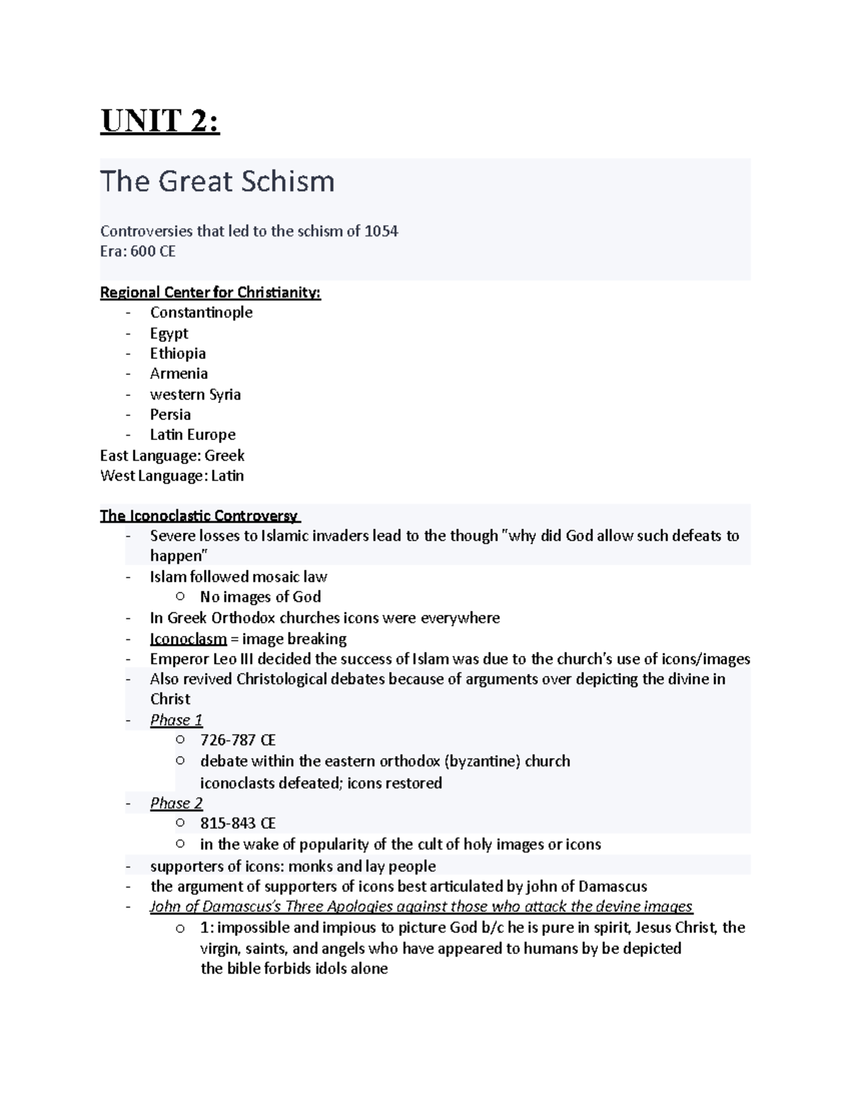 Christian Heritage Unit 2 The Great Schism - UNIT 2: The Great Schism ...