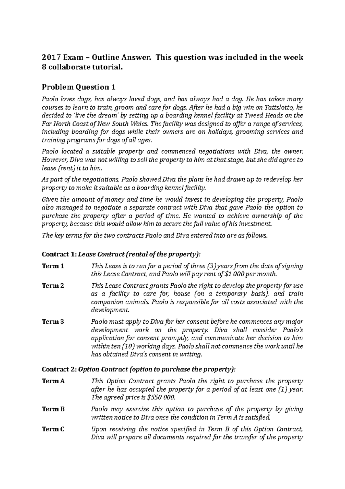 2017 Exam Question 1 Outline - 2017 Exam – Outline Answer. This ...