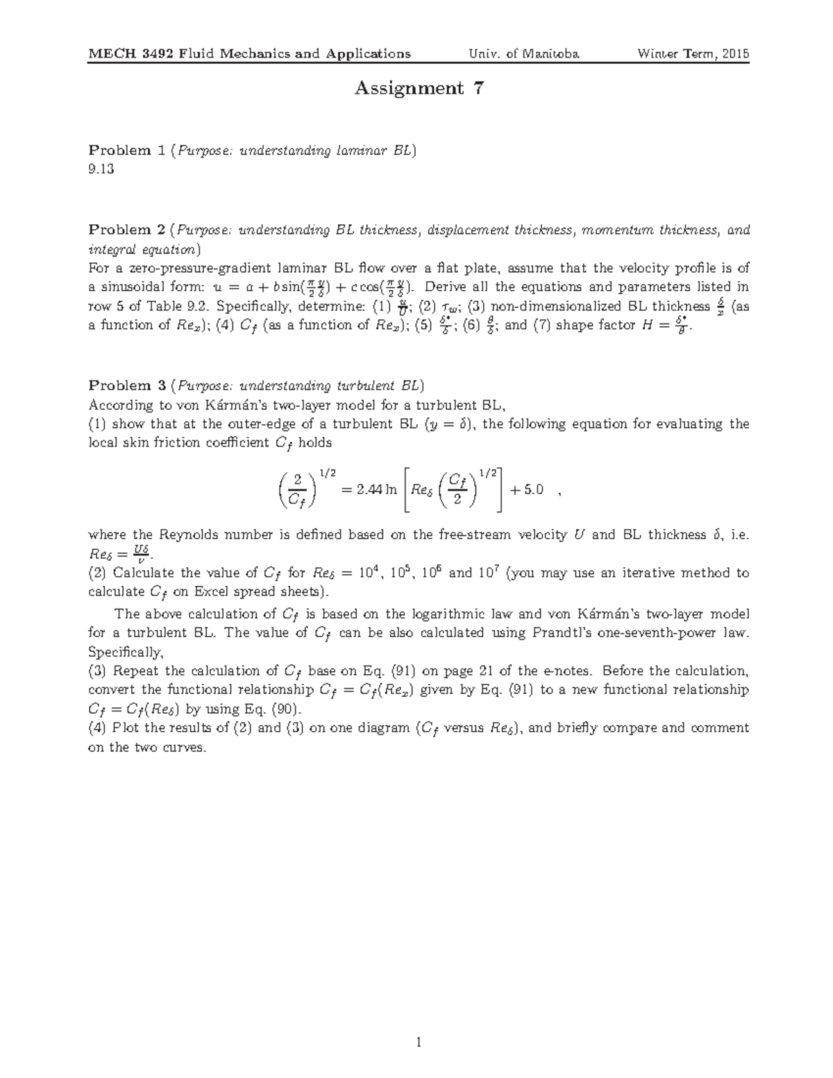 Fluid Mechanics And Applications Assignment 7 with solutions - MECH ...