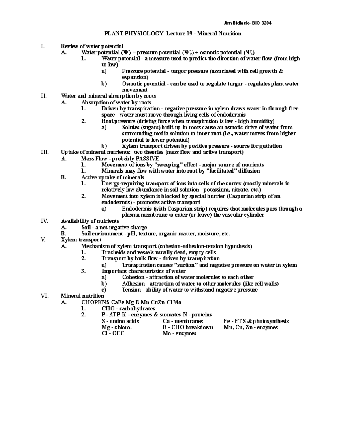 Nutritio - PLANT PHYSIOLOGY LECTURE NOTES - Jim Bidlack - BIO 3204 ...