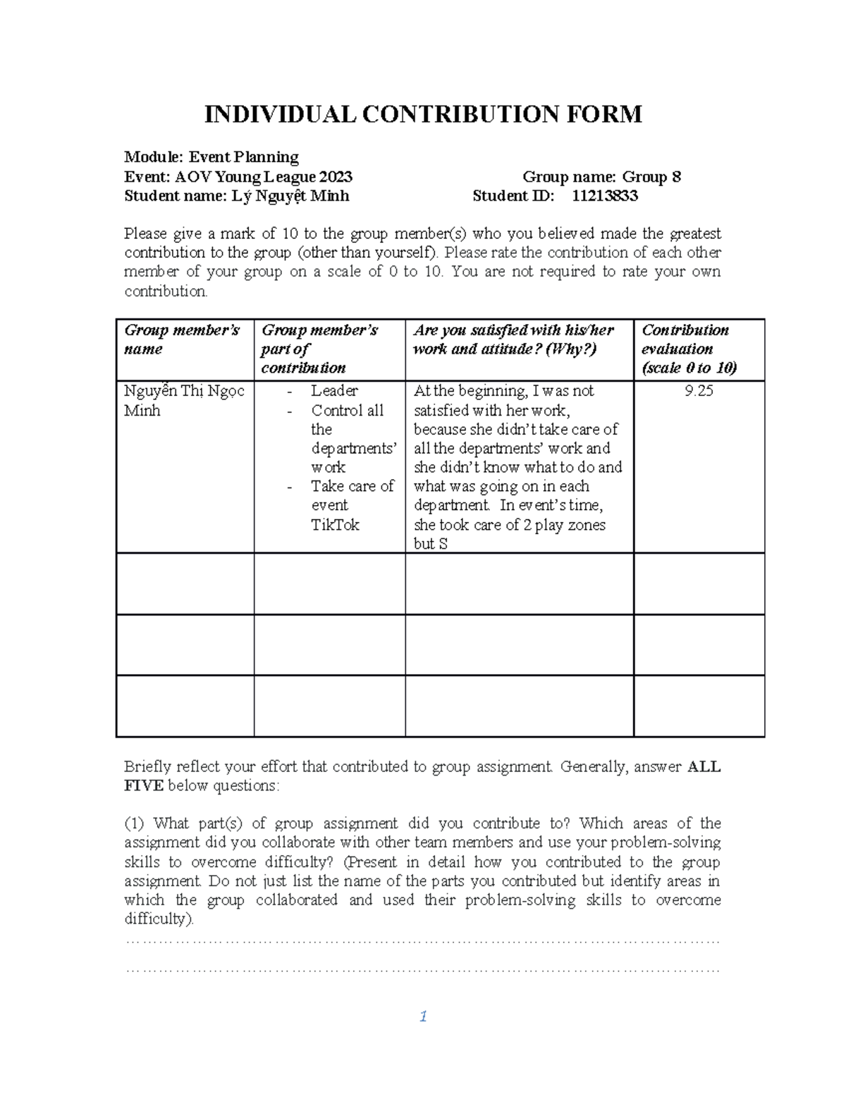 Event Planning individual assessment - INDIVIDUAL CONTRIBUTION FORM ...