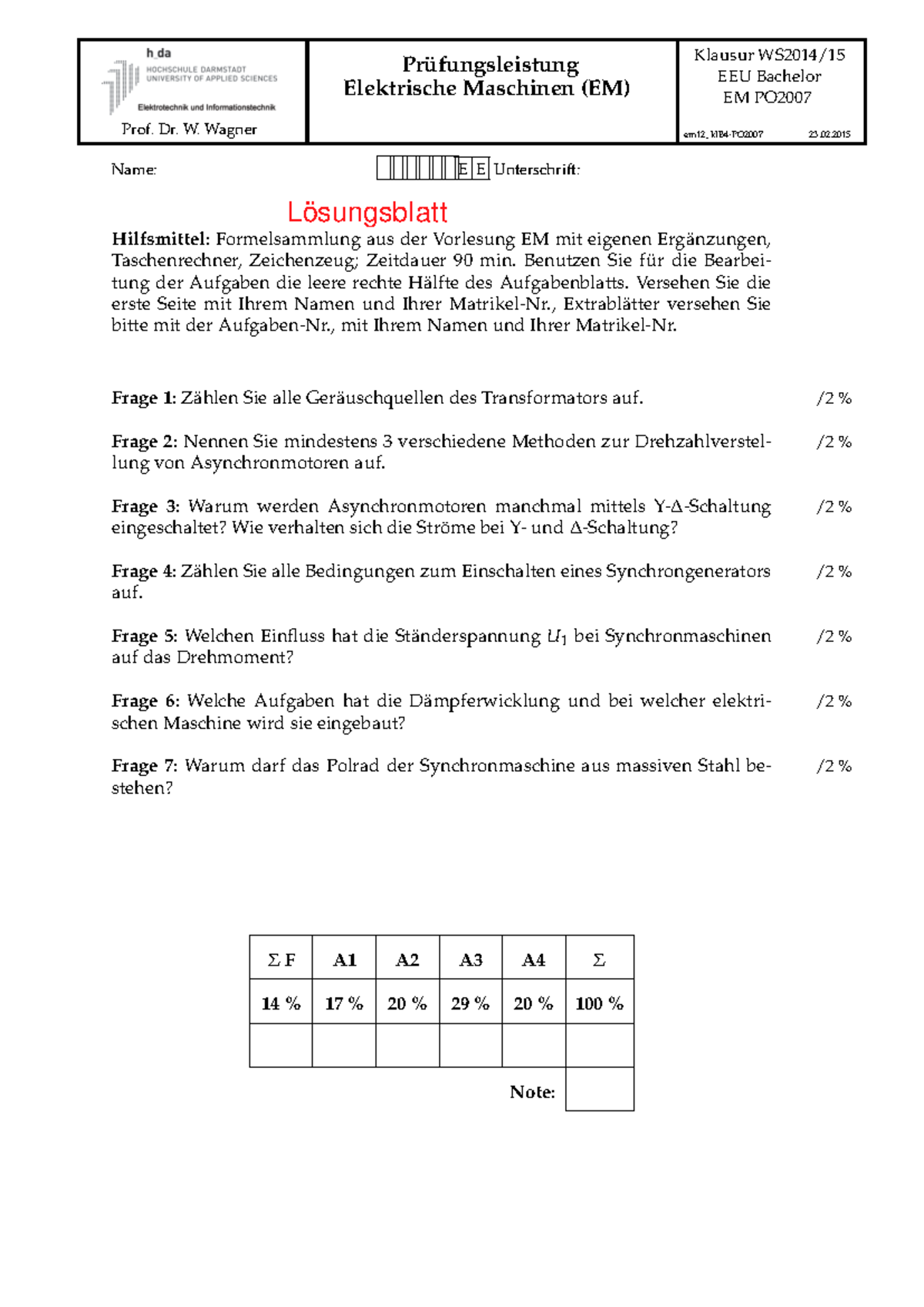 Klausur WS2014/15 - Lösungen - Prüfungsleistung Elektrische Maschinen (EM) Prof. Dr. W. Wagner ...