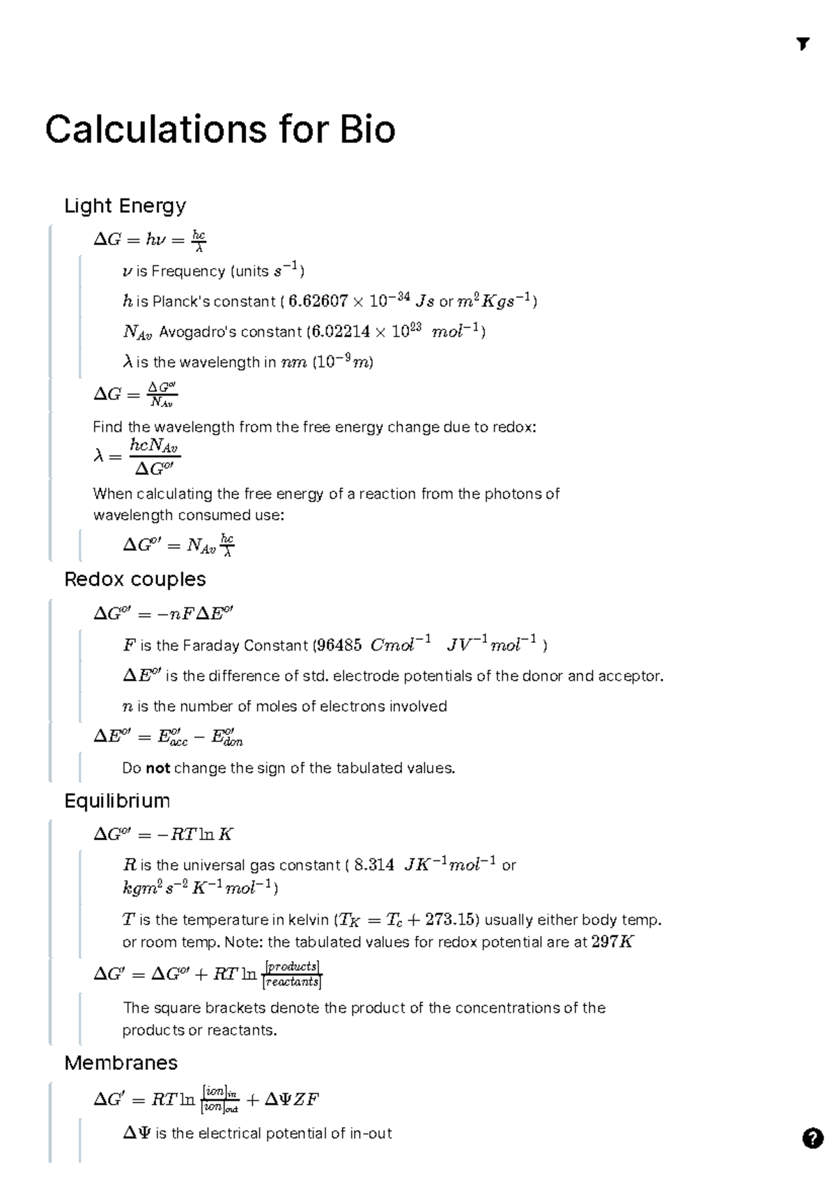 Formula sheet for the Biology part - / Calculations for Bio Light ...