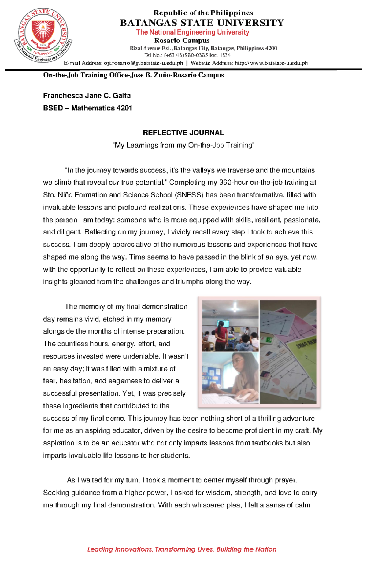 Reflective Journal - BATANGAS STATE UNIVERSITY The National Engineering ...