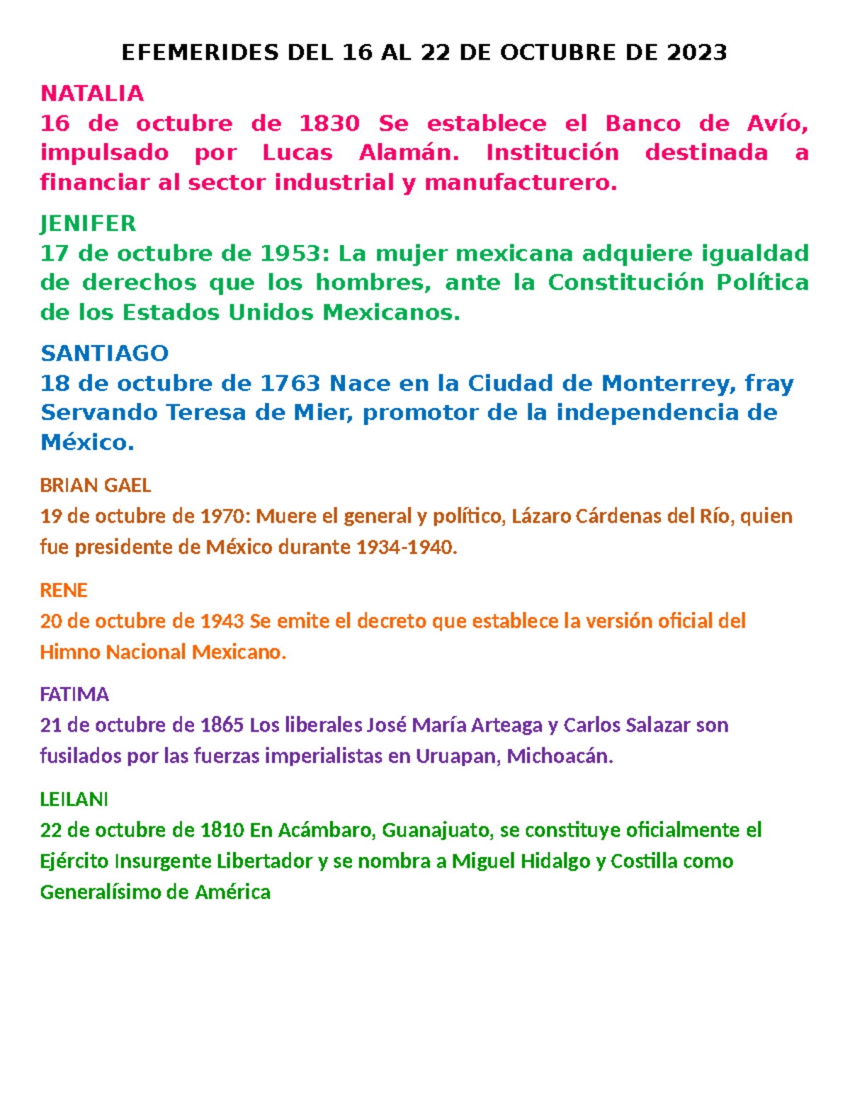 Efemerides DE Octubre - CIVICO - EFEMERIDES DEL 16 AL 22 DE OCTUBRE DE 2023 NATALIA 16 de ...