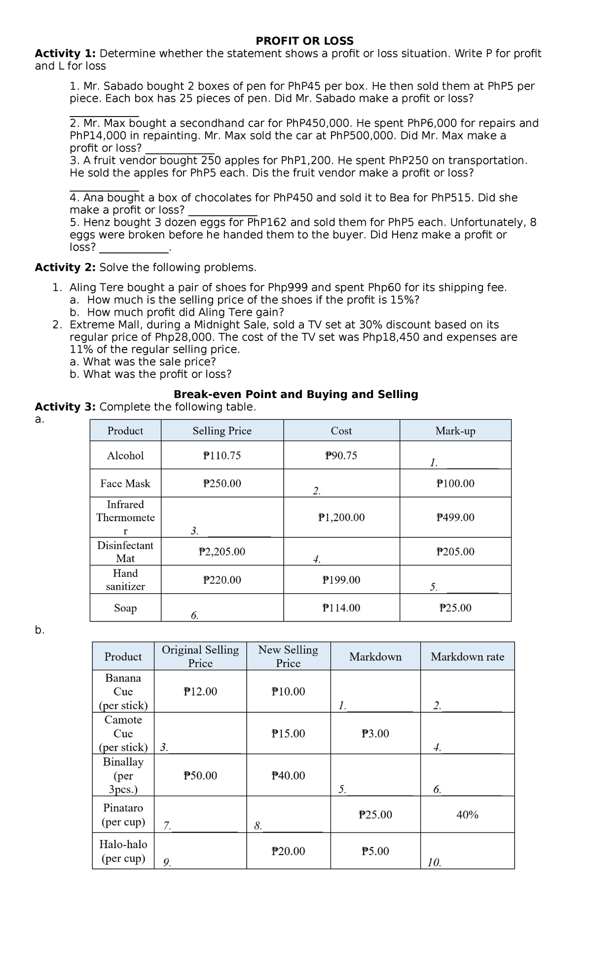Activity-1 - good luck - PROFIT OR LOSS Activity 1: Determine whether ...