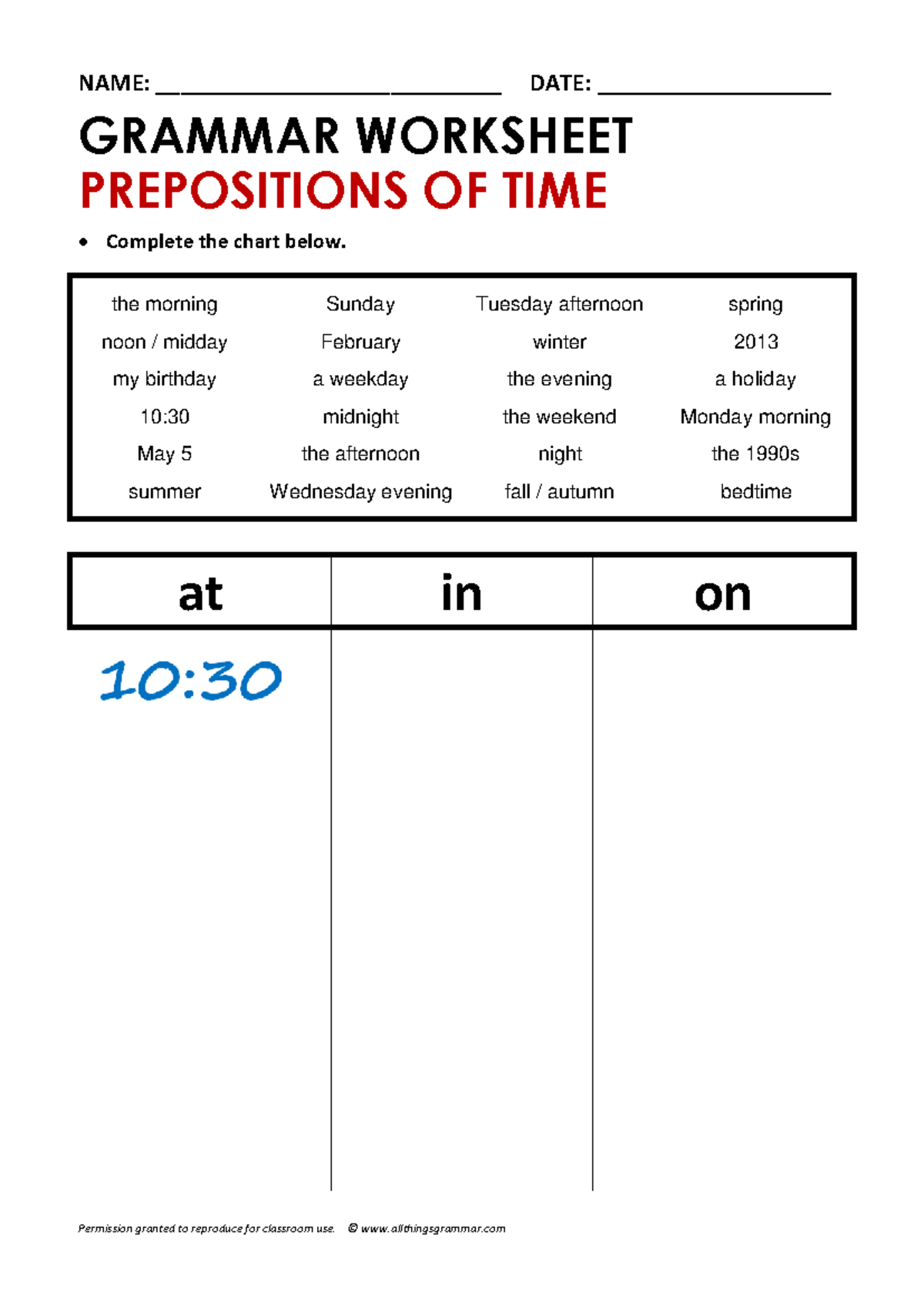 PREP OF TIME Worksheet - PREPOSITIONS OF TIME - NAME ...