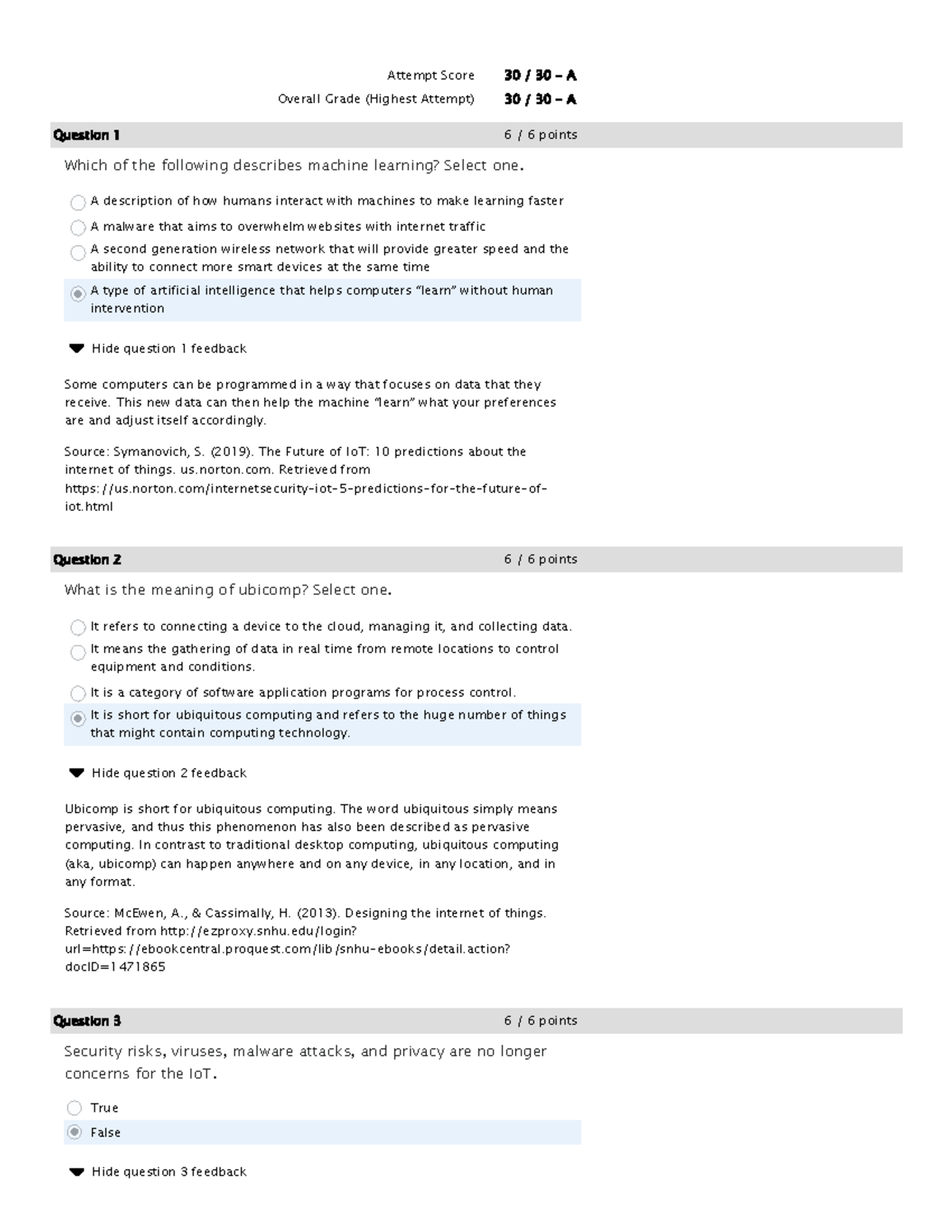 Module Six Quiz - Attempt Score 30 / 30 - A Overall Grade (Highest ...