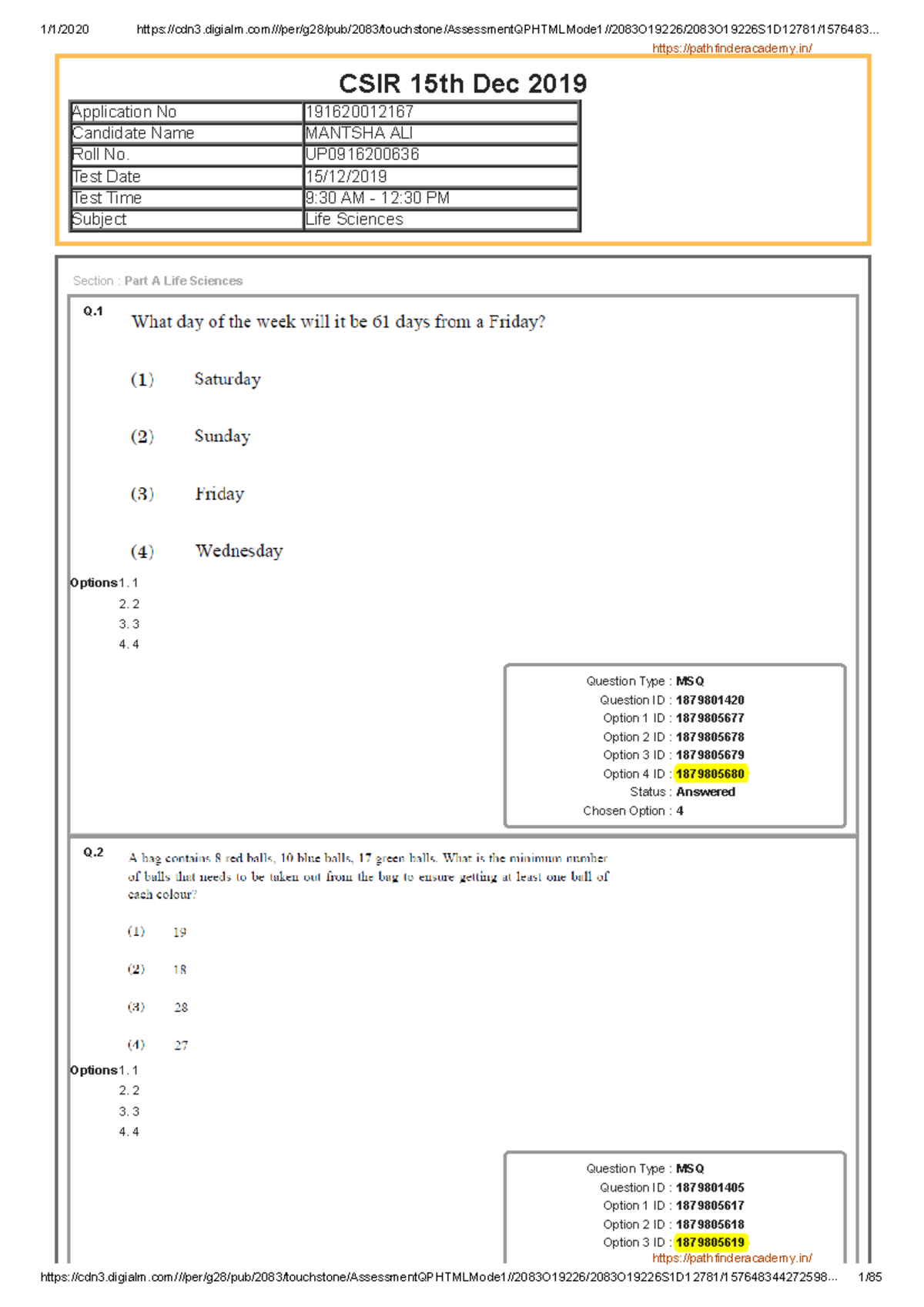 CSIR December 2019 Paper 2 - Q. Options 1. 1 2. 2 3. 3 4. 4 Question ...