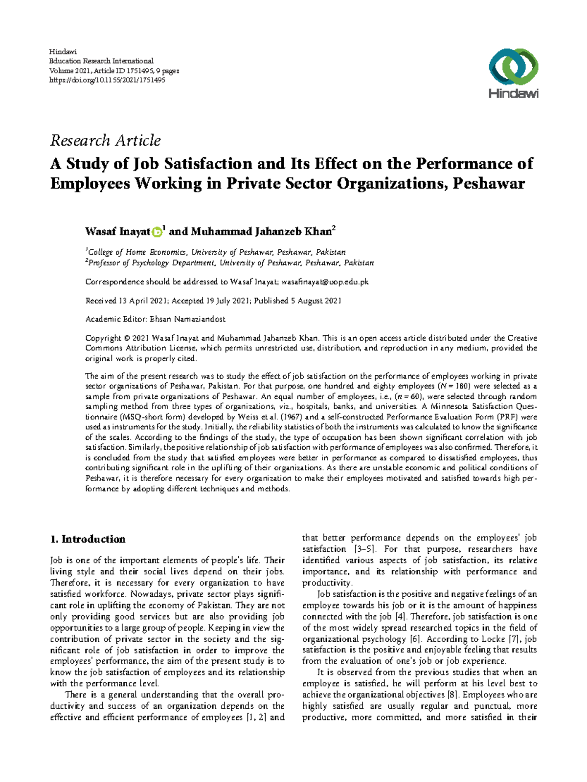 Article 1 - notes - Research Article A Study of Job Satisfaction and ...