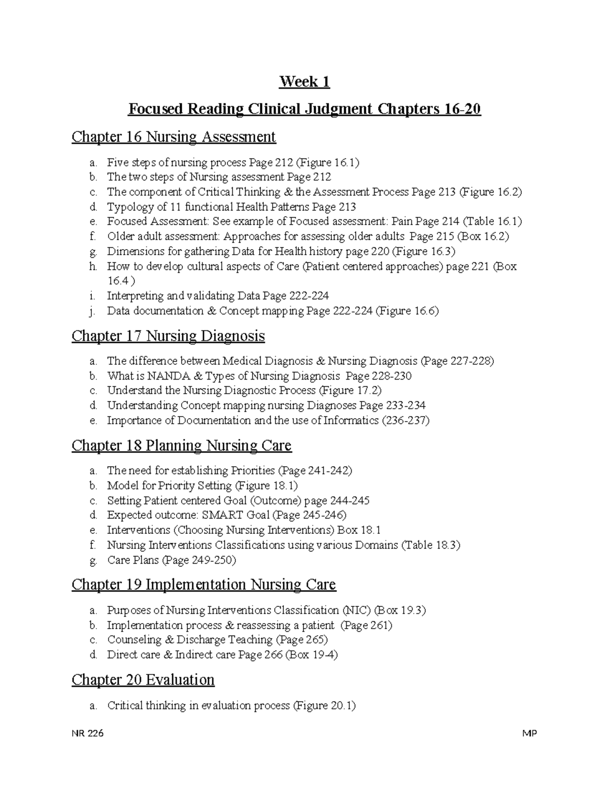 Week 1 Focused Reading - Clinical Judgment Ch. 16 - 20 - Week 1 Focused ...